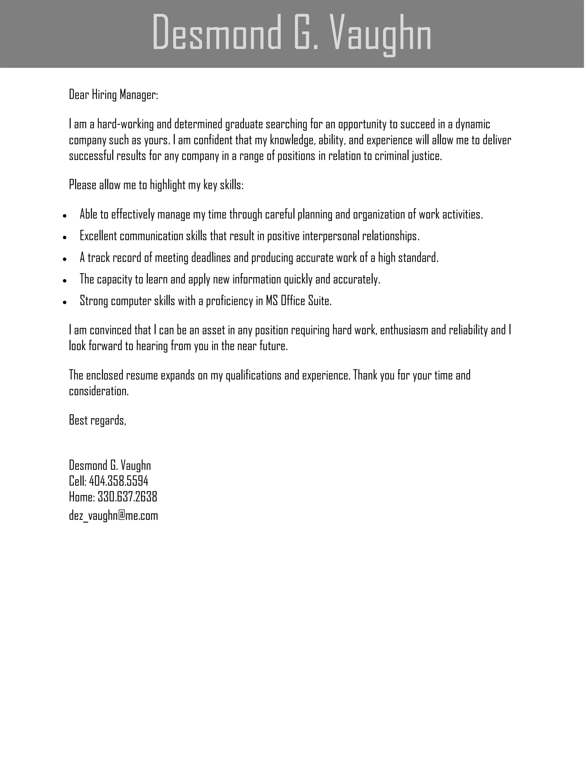 Desmond Vaughn Cover Letter | PDF