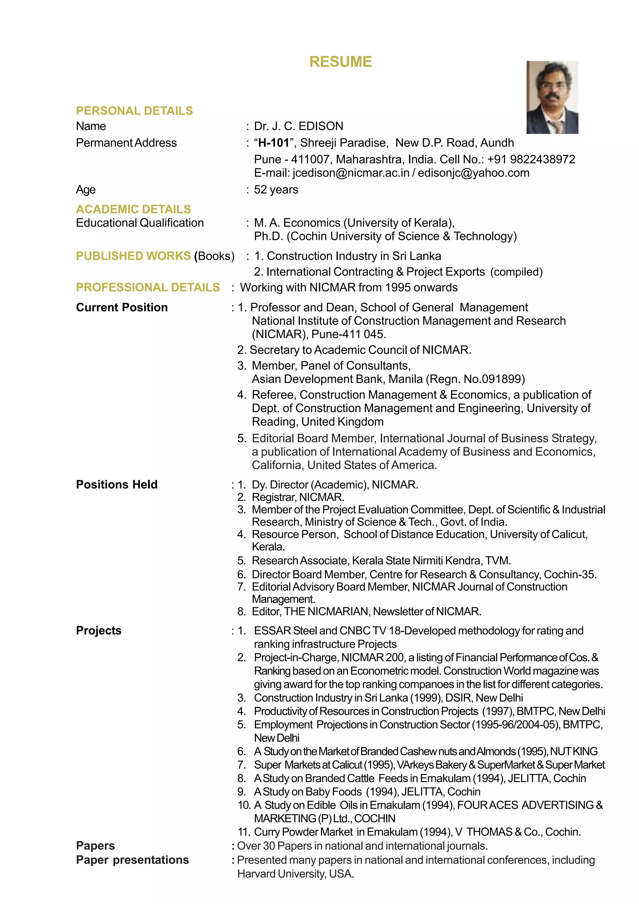 Resume Dr J C Edison | PDF