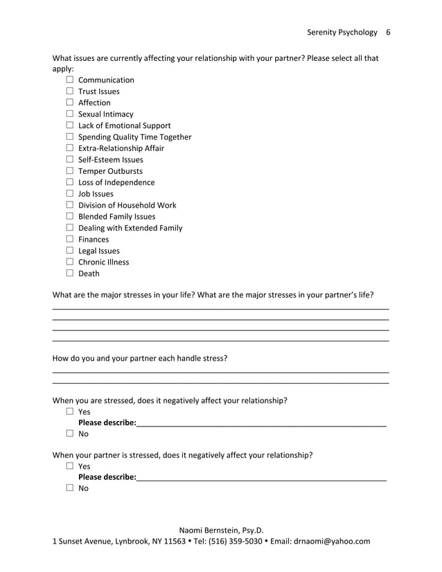 Couples Therapy Intake Questionnaire | PDF