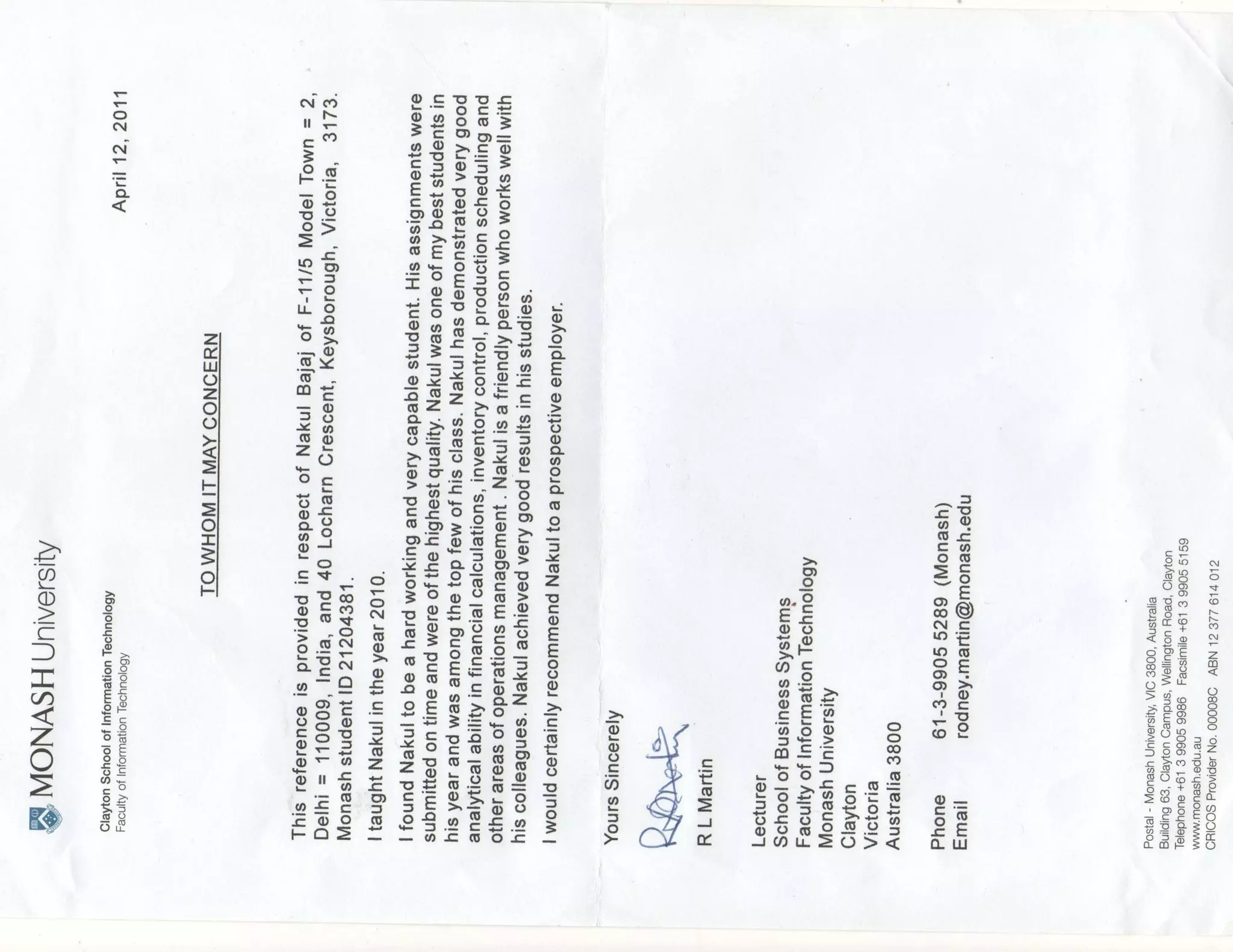 Nakul Bajaj Monash University Letter of Recommendation | PDF