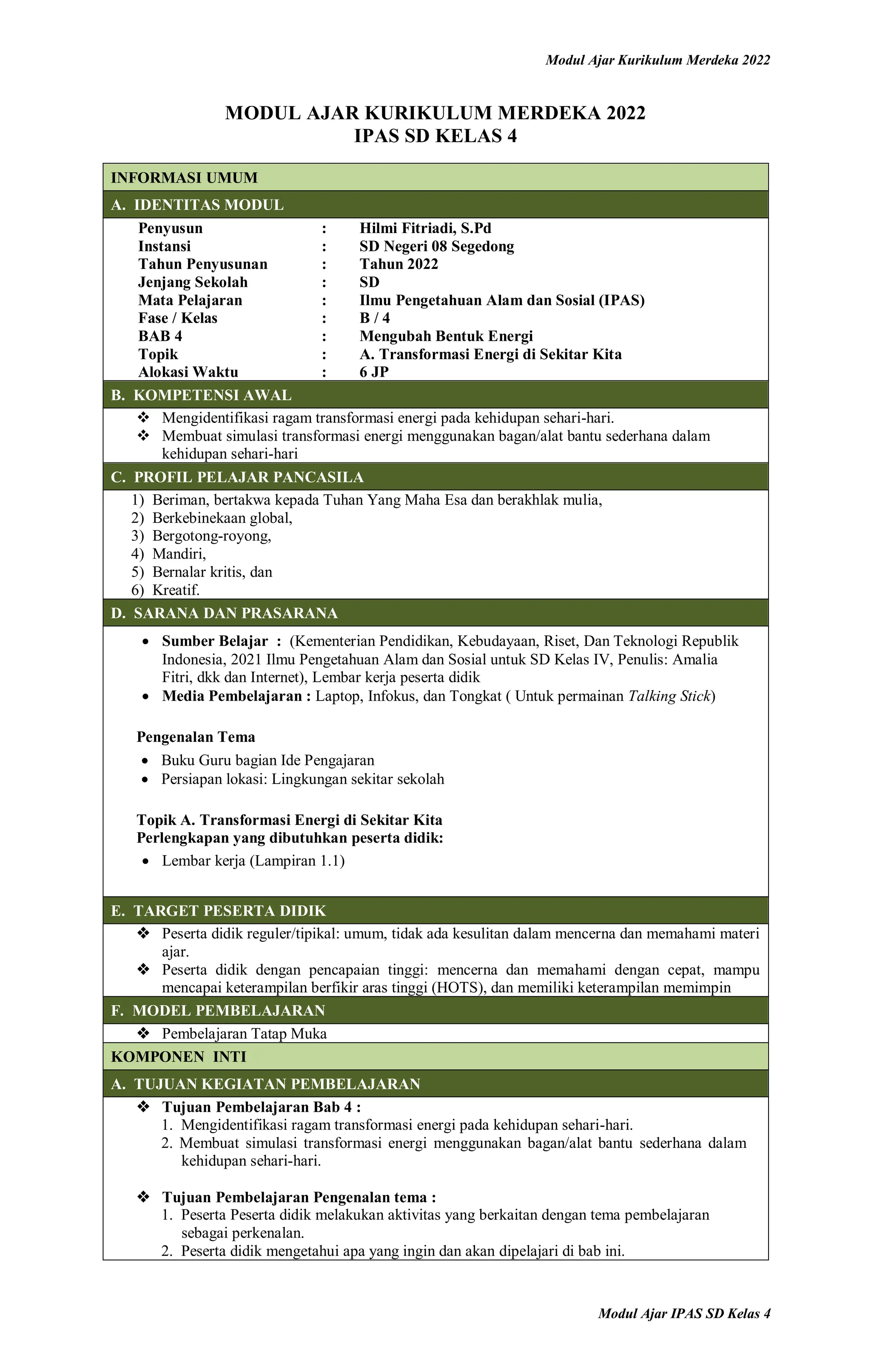 Modul ajar pembelajaran ipas perubahan wujud zat benda | PDF
