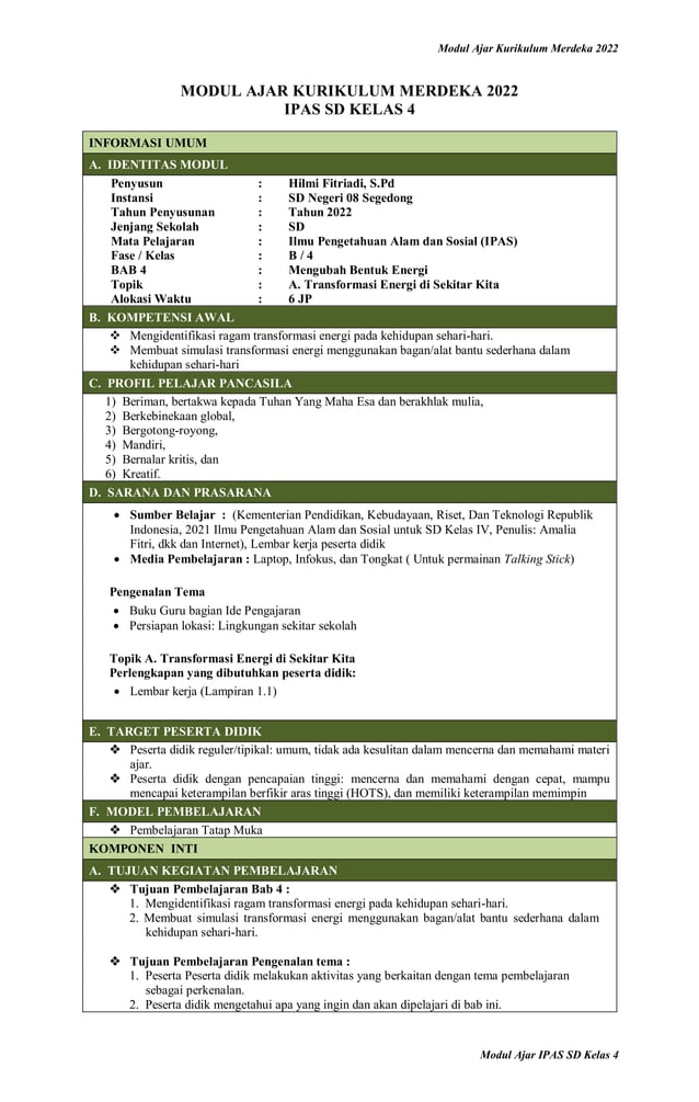 Modul ajar pembelajaran ipas perubahan wujud zat benda | PDF
