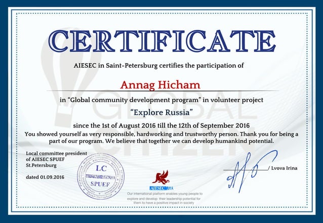 AIESEC Explore Russia Certificate | PDF