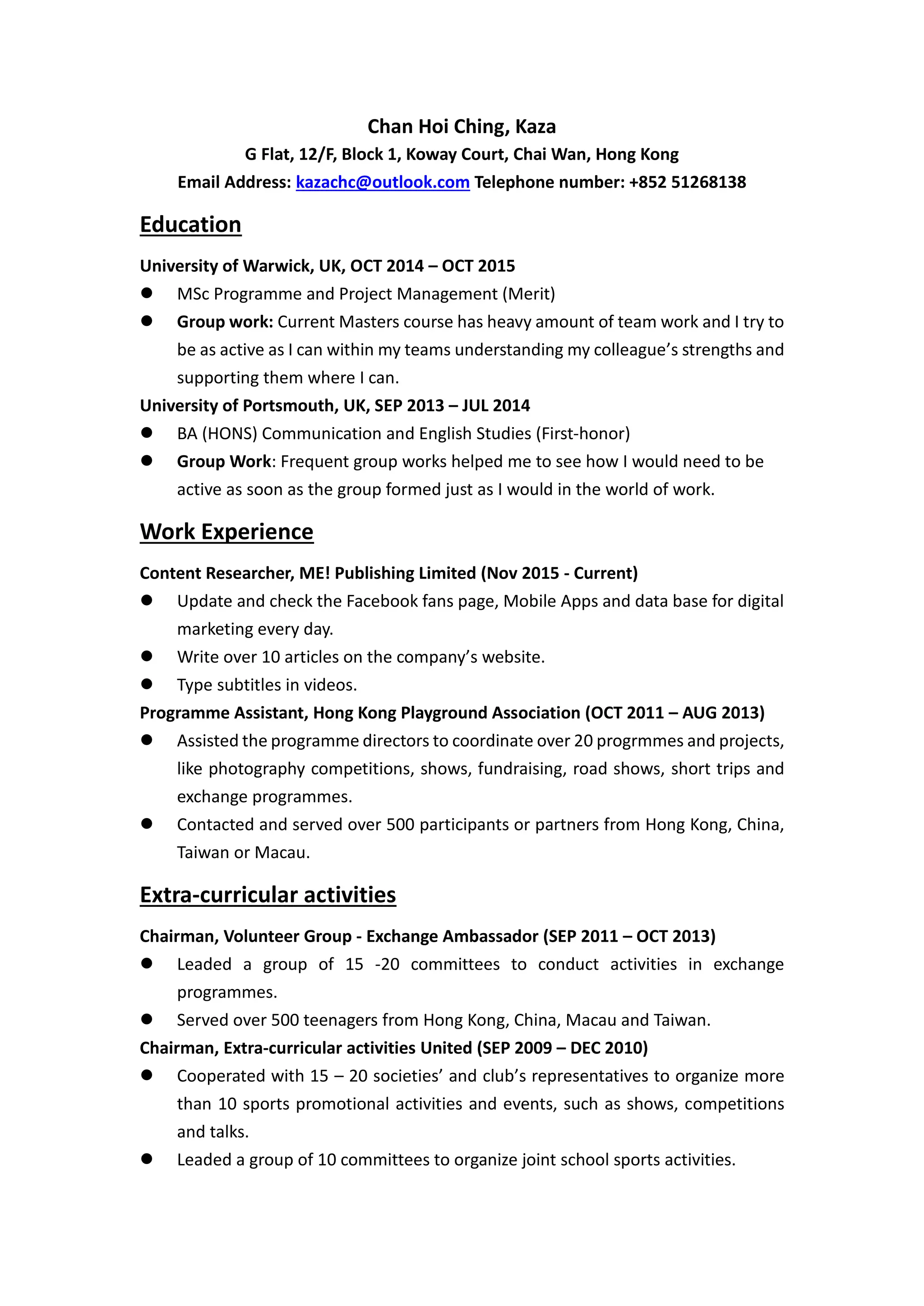 CV_Kaza Chan Hoi Ching | PDF