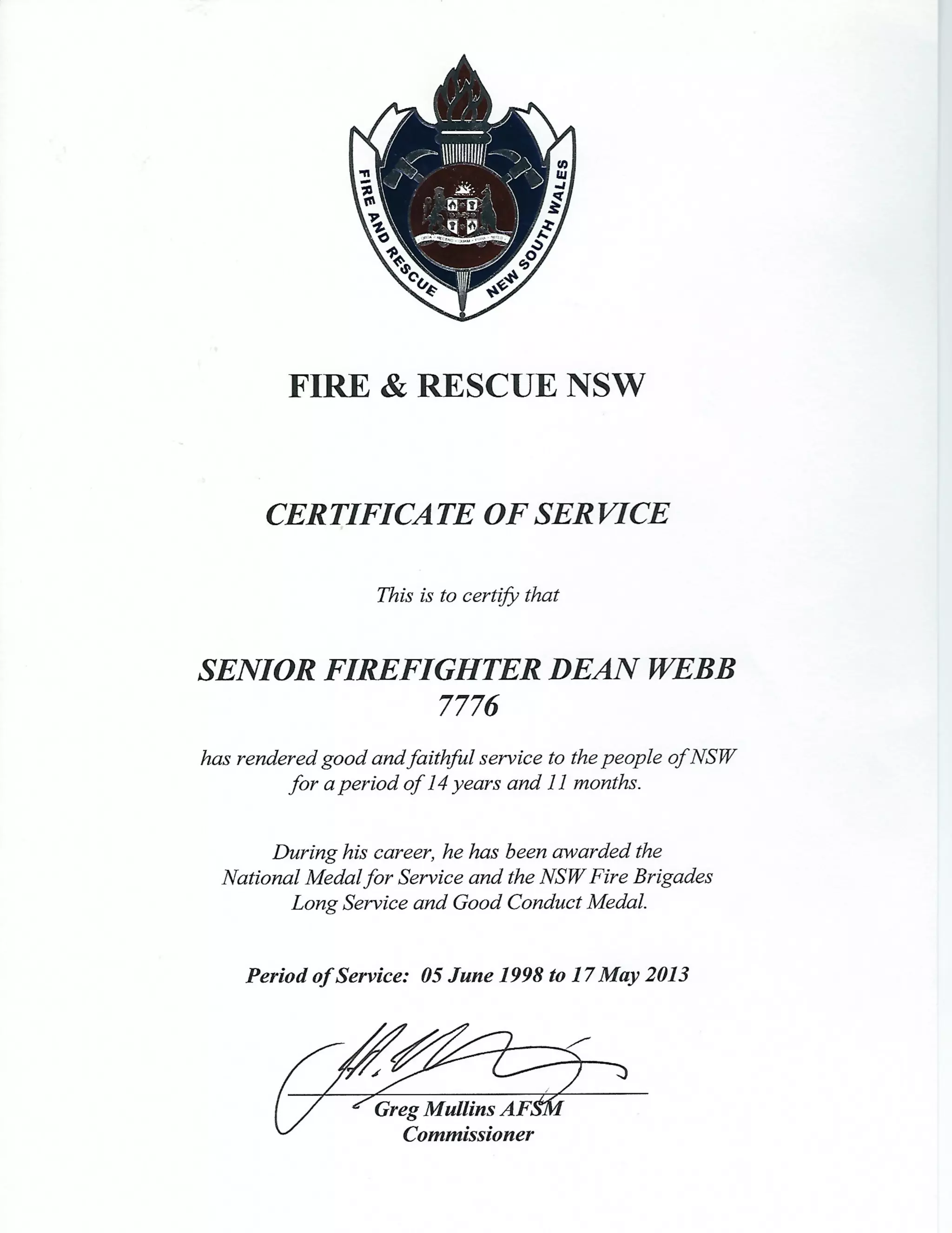 FRNSW Certificate of Service | PDF