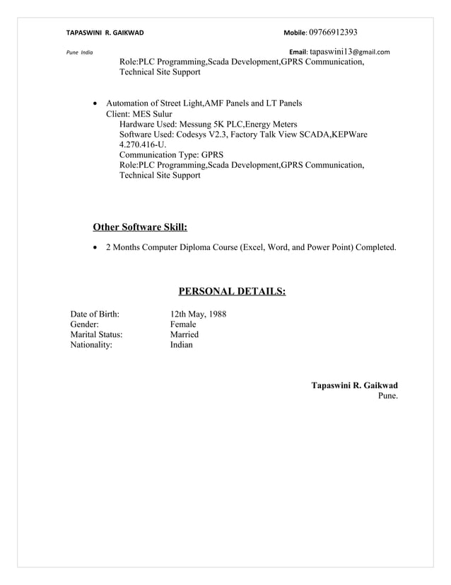 Tapaswini R CV | DOC | Computer Software and Applications | Computing