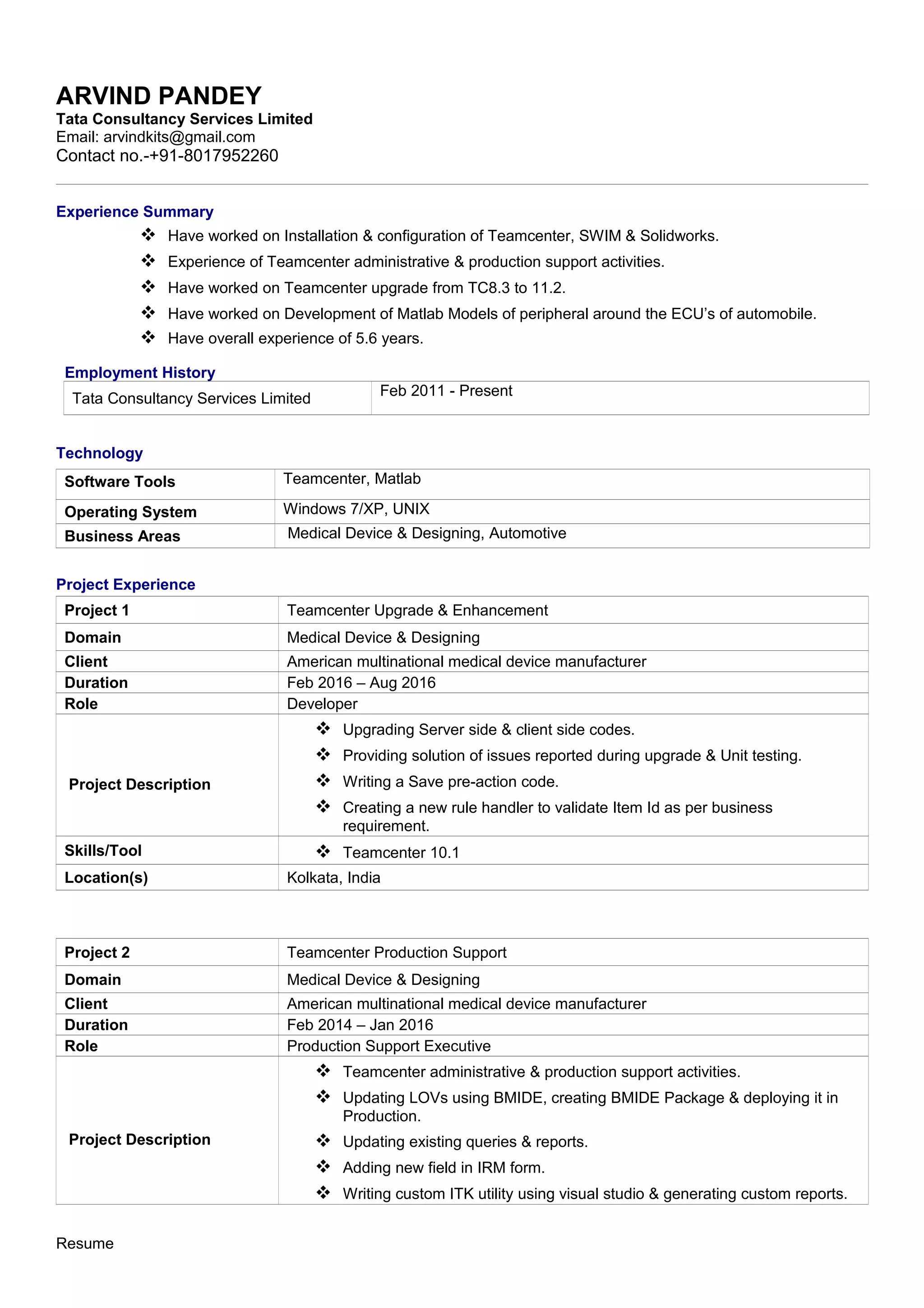 Arvind_Pandey_Resume_Teamcenter | DOC