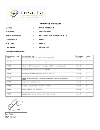 FETC Short Term Insurance NQF L4 - RP Dippenaar | PDF