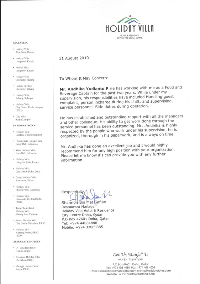 Recommendation Letter - Holiday Villa Restaurant Manager | PDF