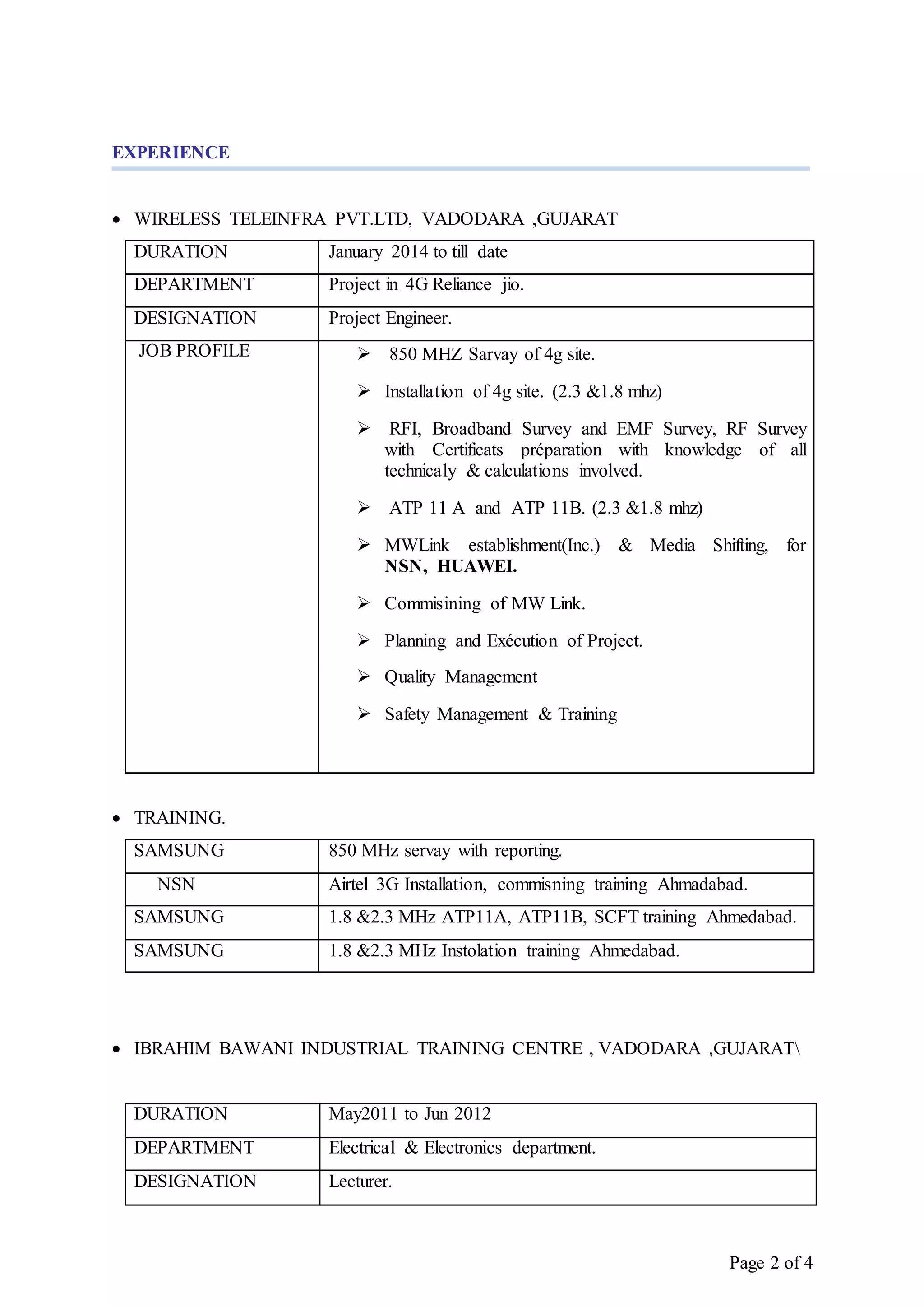 KAZI Mubin (E&TC) Reliance resum FEB 2015 | DOCX | Telecommunications Industry | Industries