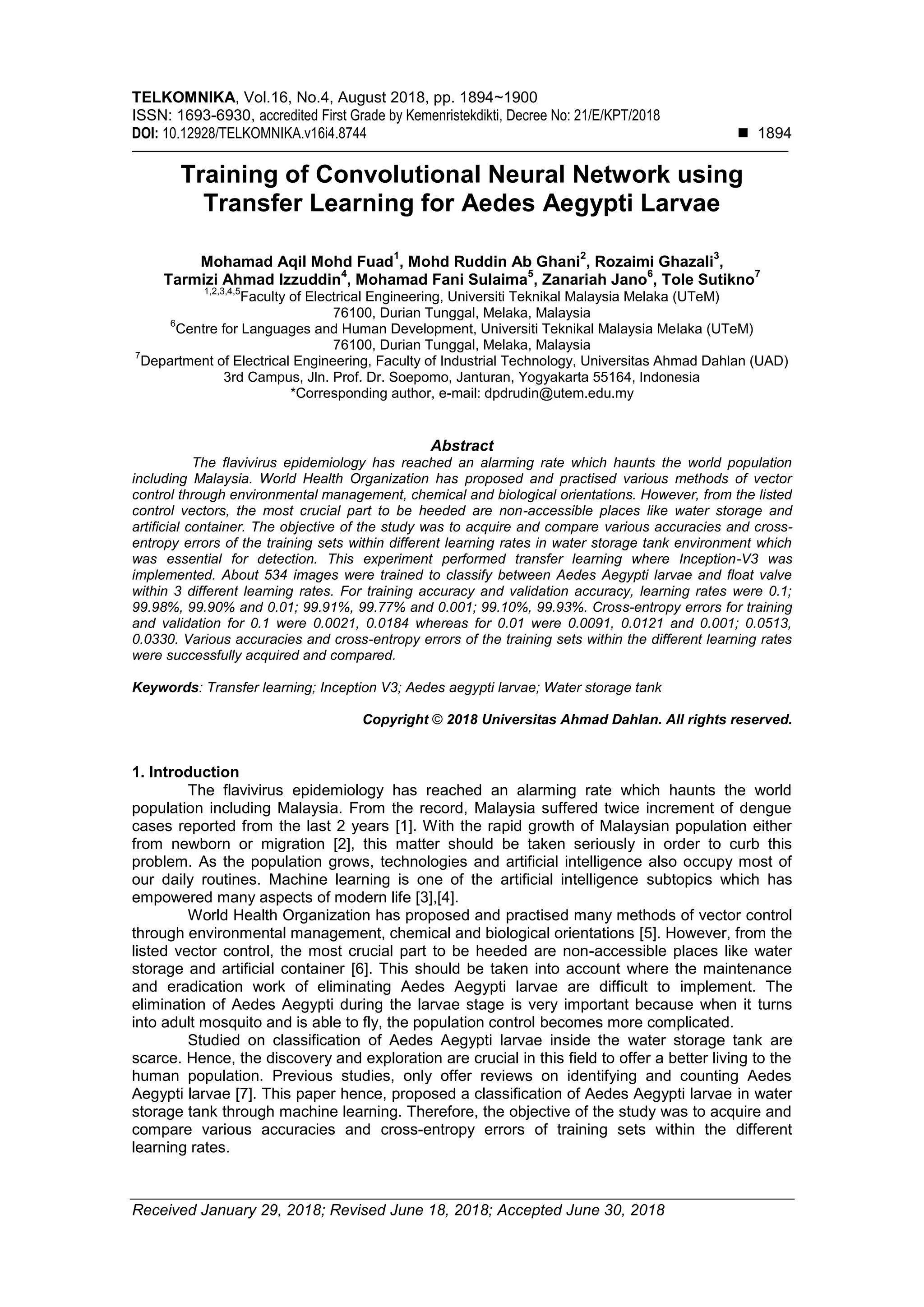 Training of Convolutional Neural Network using Transfer Learning for Aedes Aegypti Larvae | PDF