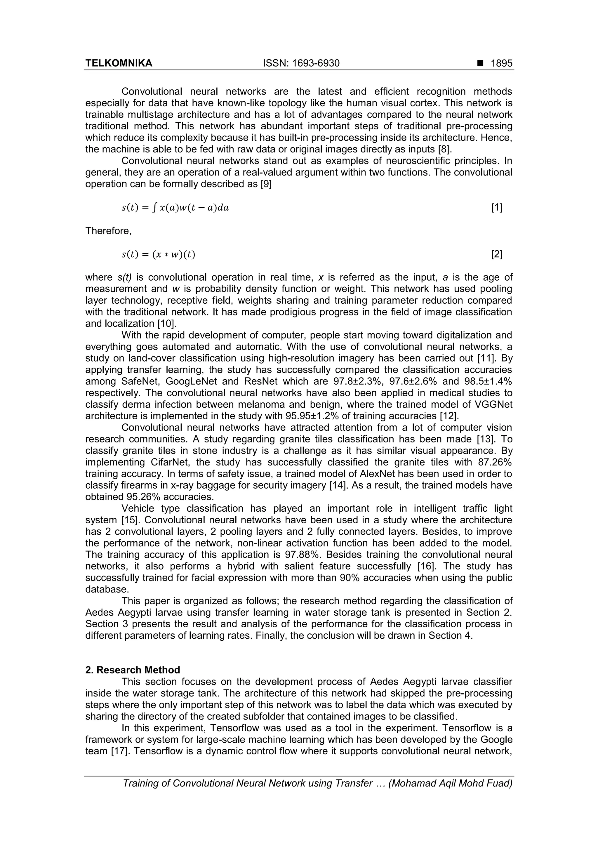 Training of Convolutional Neural Network using Transfer Learning for Aedes Aegypti Larvae | PDF