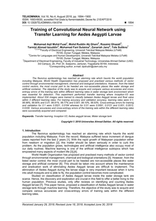 Training of Convolutional Neural Network using Transfer Learning for Aedes Aegypti Larvae | PDF