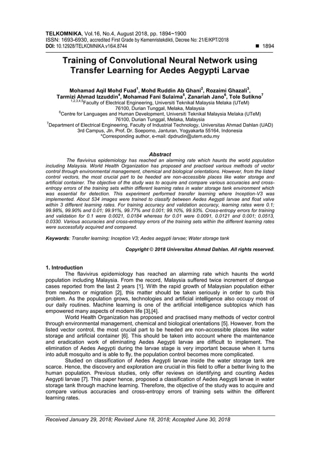 Training Of Convolutional Neural Network Using Transfer Learning For Aedes Aegypti Larvae Pdf