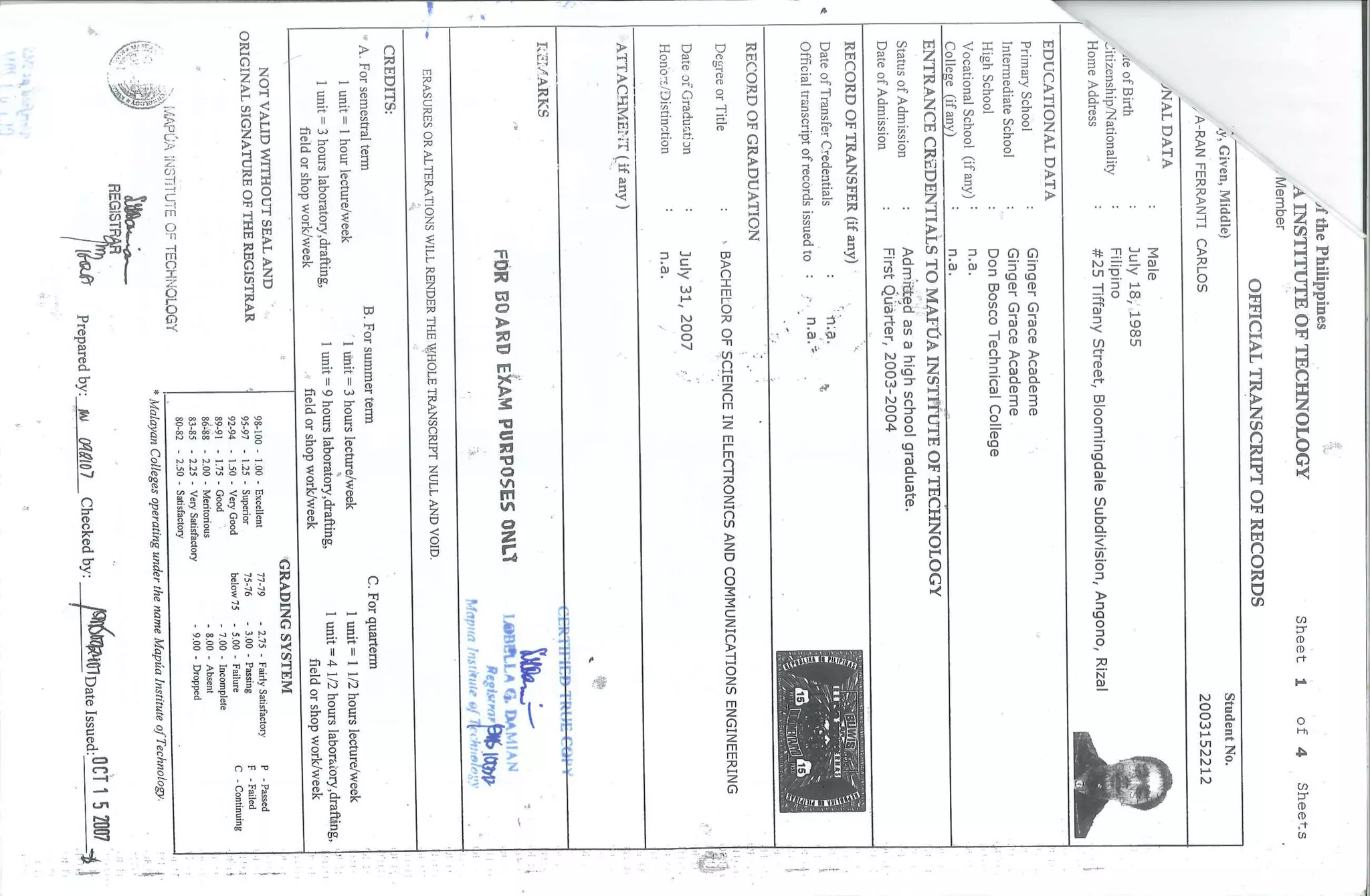 Mapua BS Certificate & TOR (Phils DFA & CHED - Authenticated) | PPT