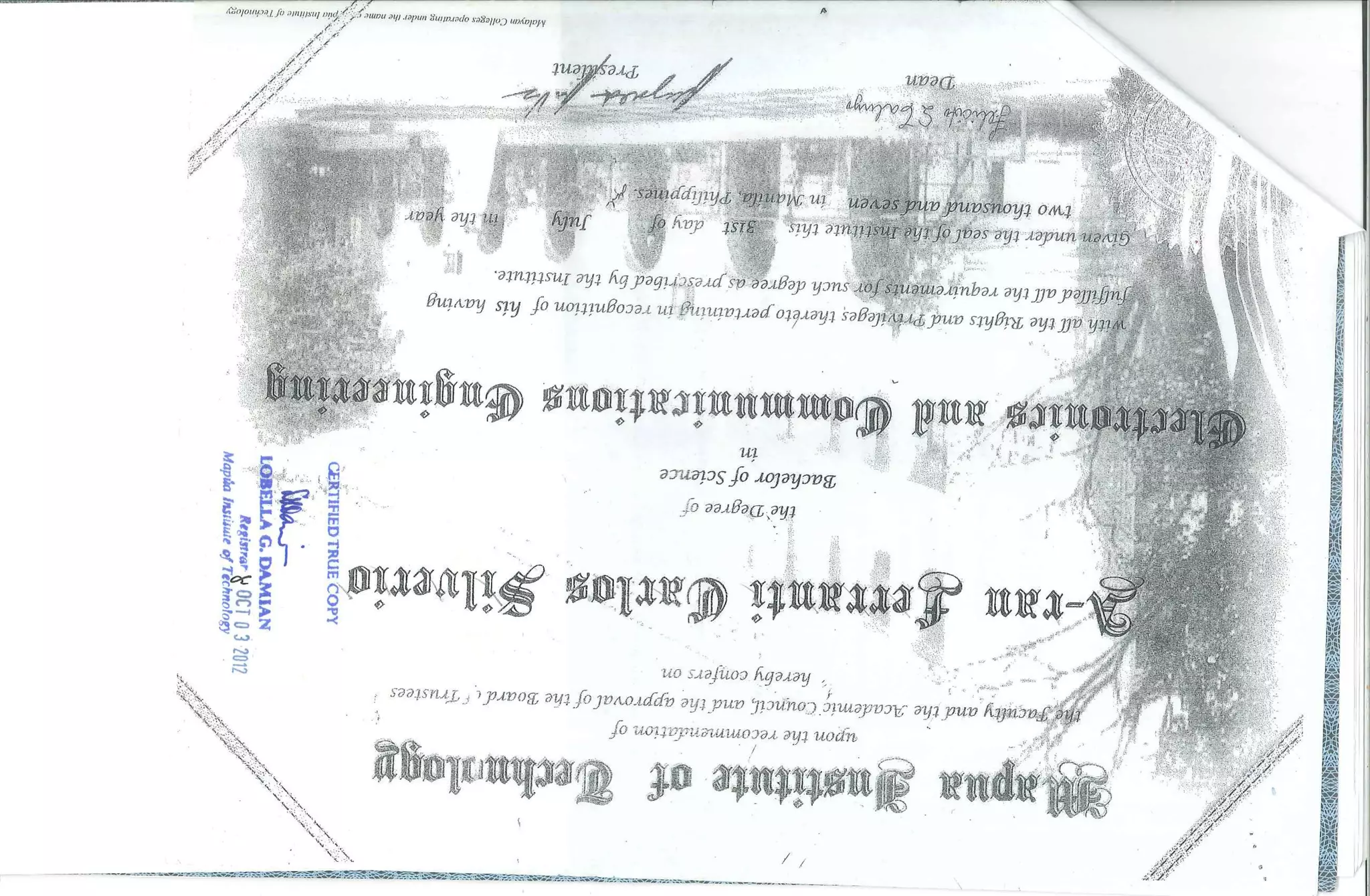 Mapua BS Certificate & TOR (Phils DFA & CHED - Authenticated) | PPT