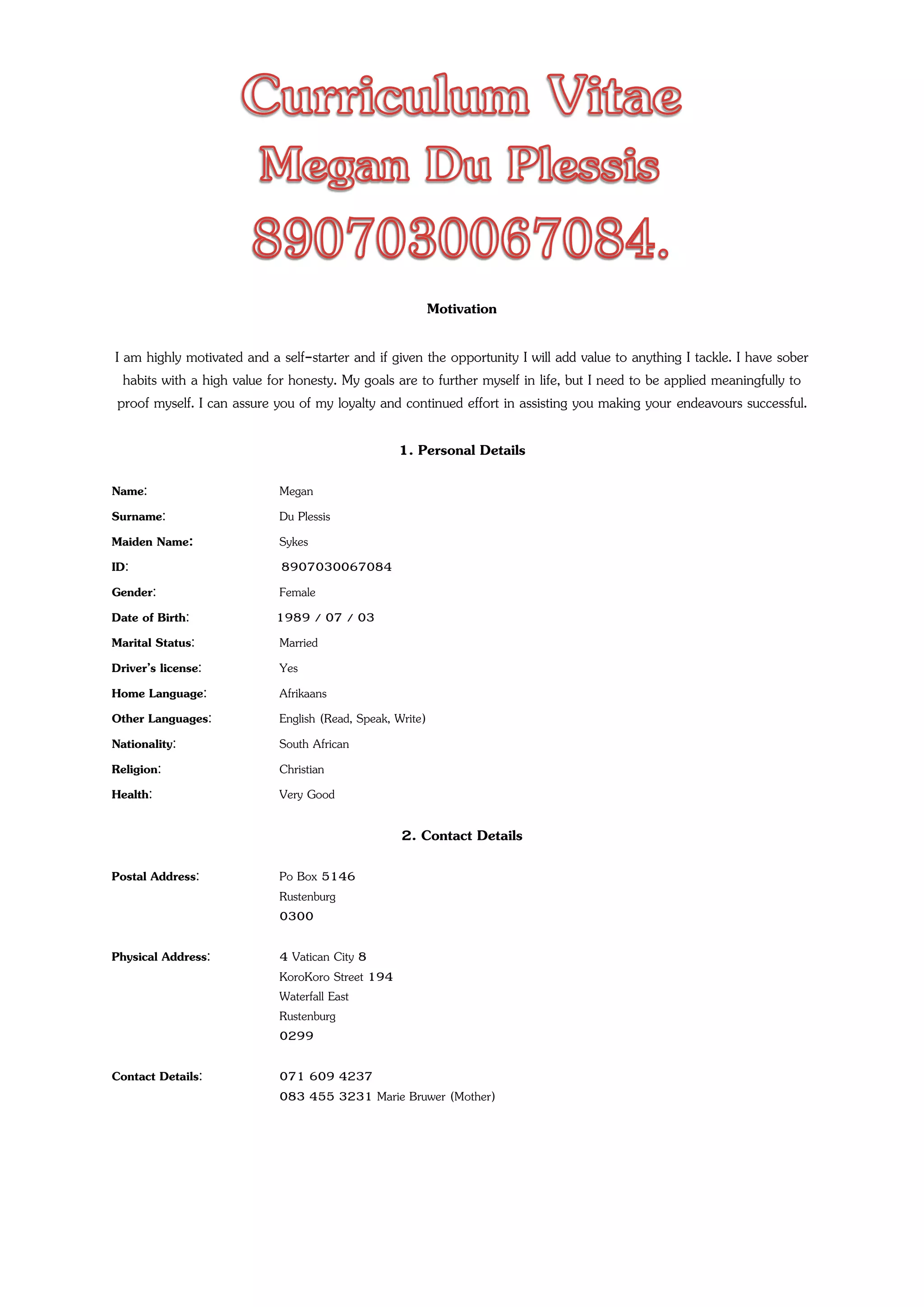 Curriculum Vitae of Megan Du Plessis | PDF | Business Accounting & Finance | Business