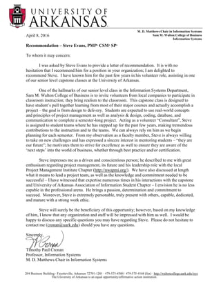 Steve Evans Recommendation Letter - Dr Paul Cronan, UARK | PDF