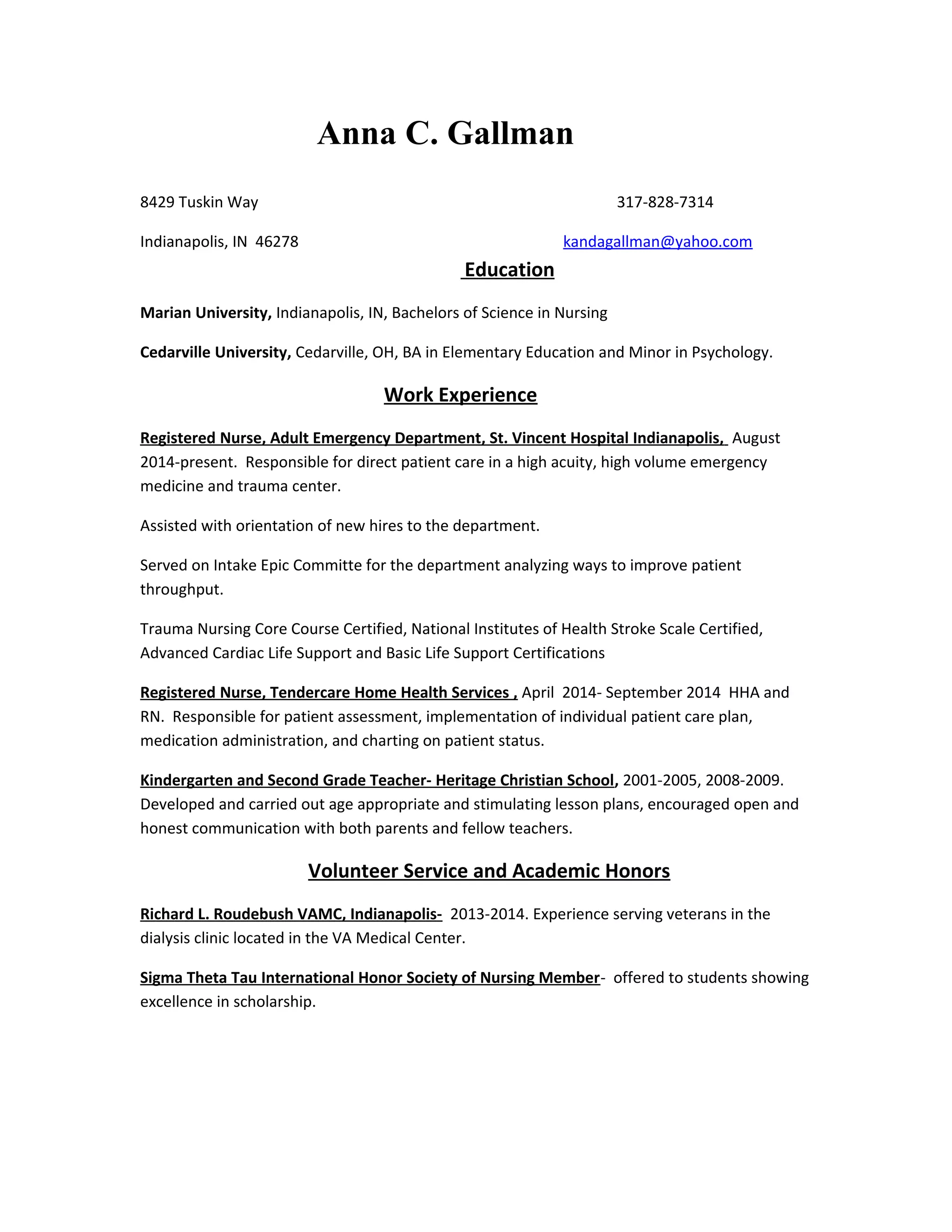 Anna Gallman Current Resume | DOC | Medical Health
