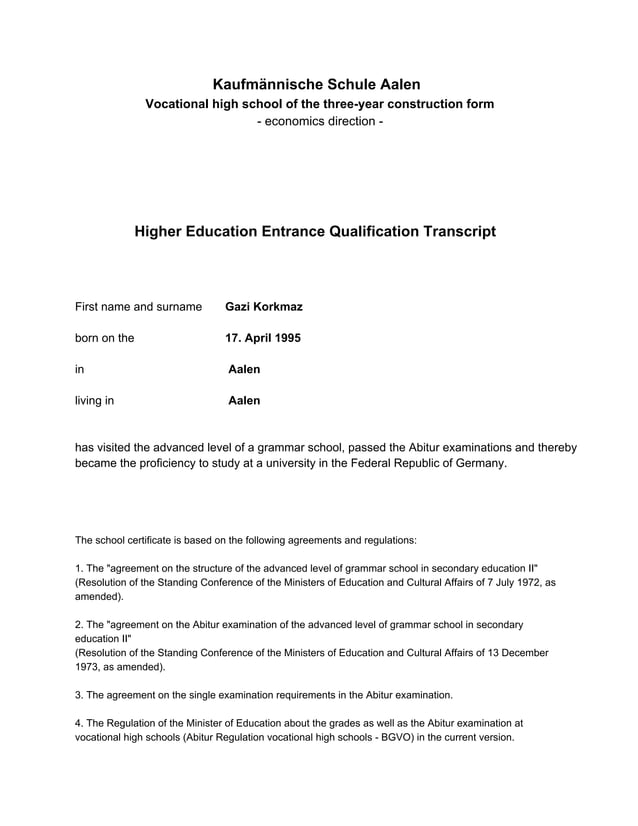 HigherEducationEntranceQualificationTranscript | PDF | Secondary ...