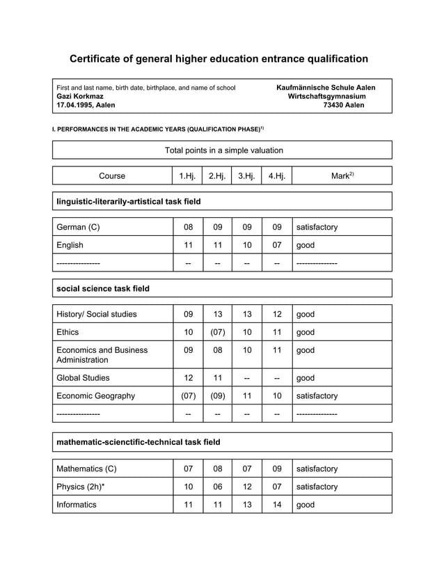 HigherEducationEntranceQualificationTranscript | PDF | Secondary ...