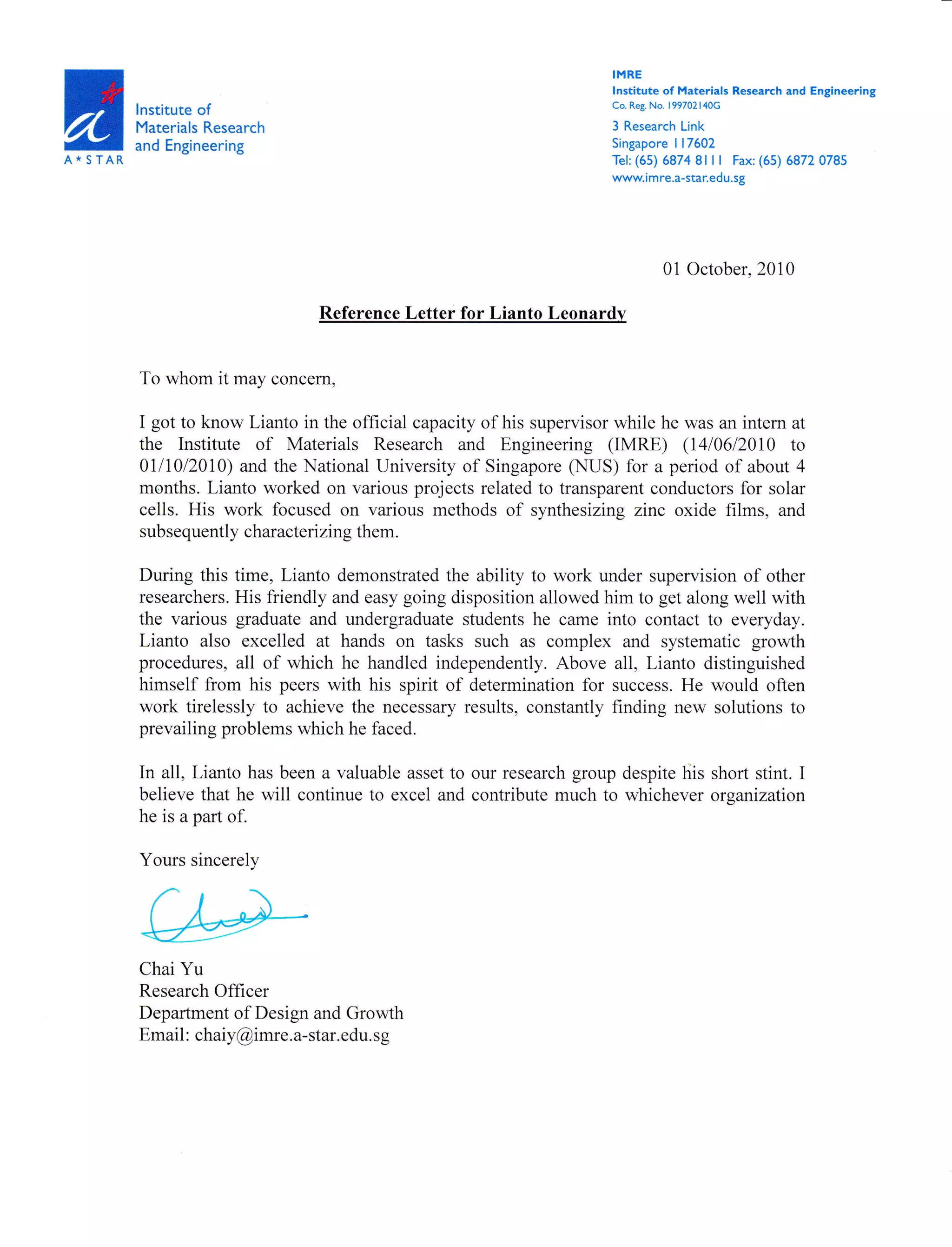 Reference letter-Lianto | PDF
