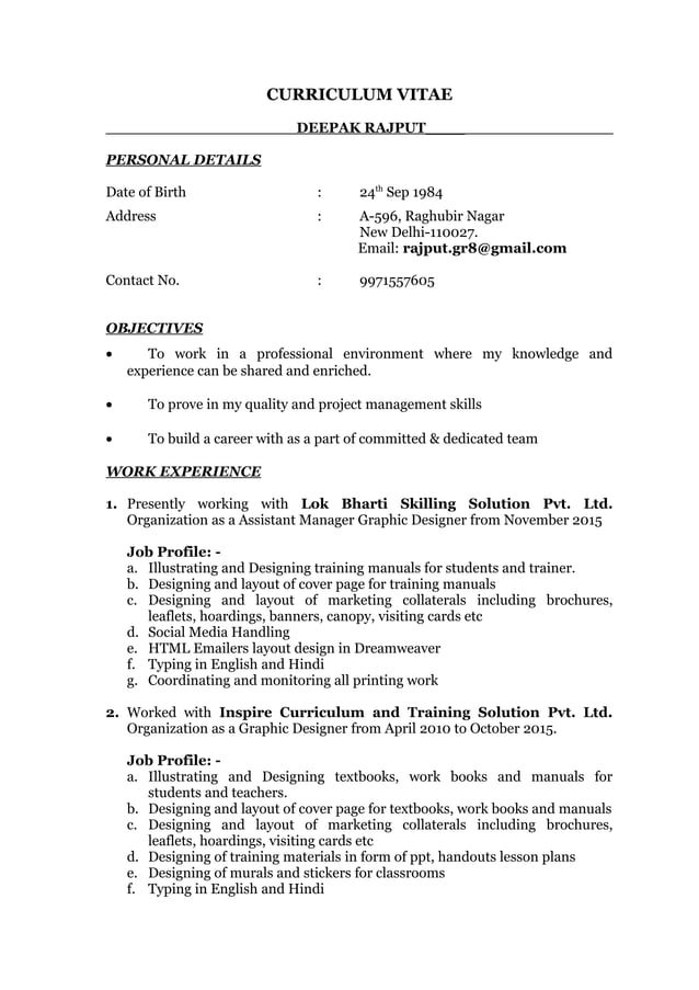 CURRICULUM_VITAE Deepak Rajput_R | PDF