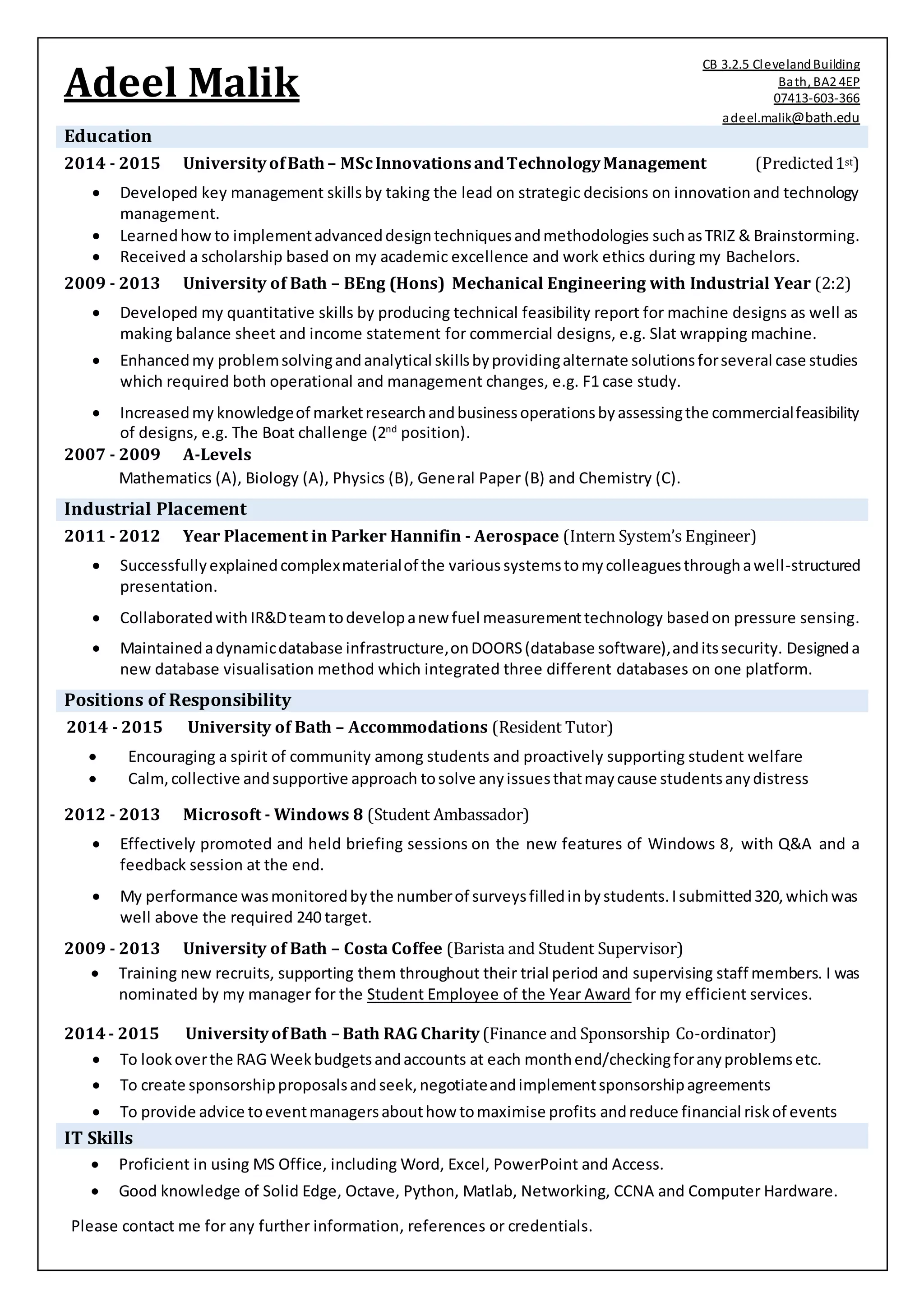 Malik, Adeel CV - University of Bath MSc | DOCX