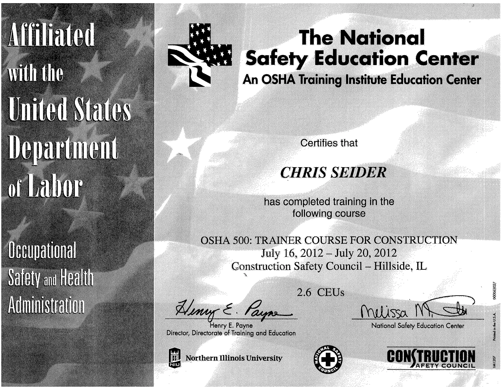 Seider OSHA 500 Certificate | PDF