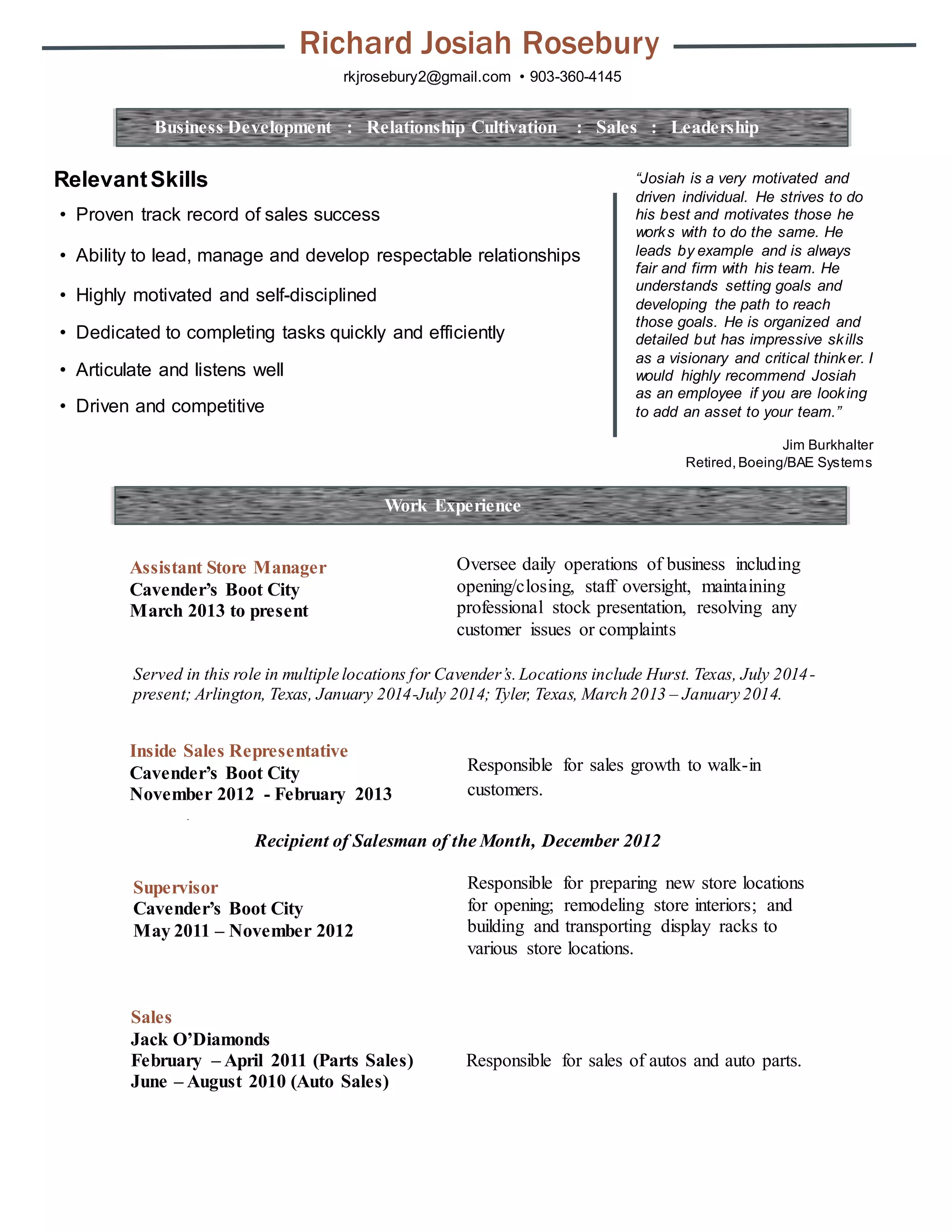 Josiah resume 3-28-15 | DOCX | Sales | Business