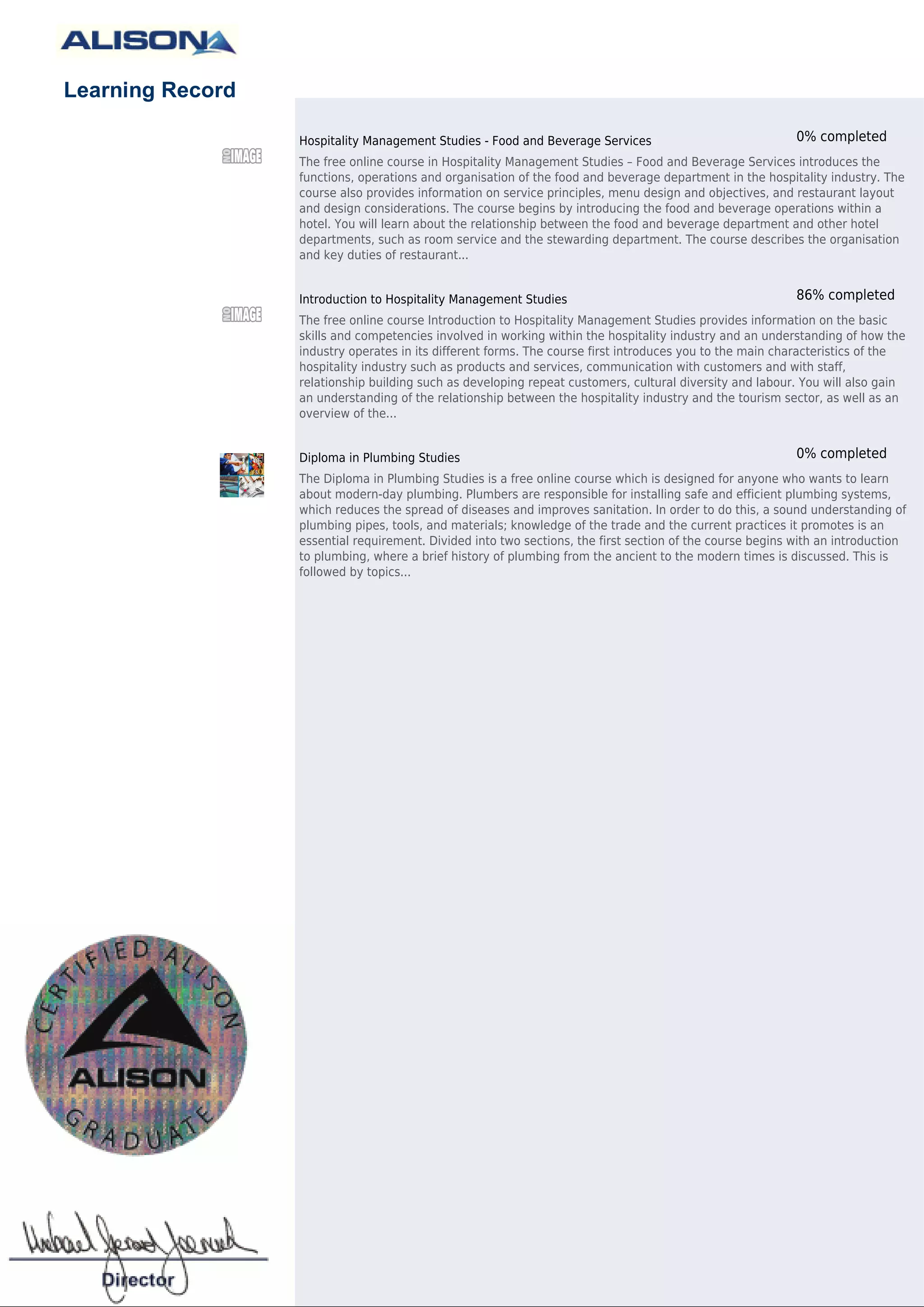 . ALISON Learner Record-wmhwarit | PDF | Hospitality Industry | Industries