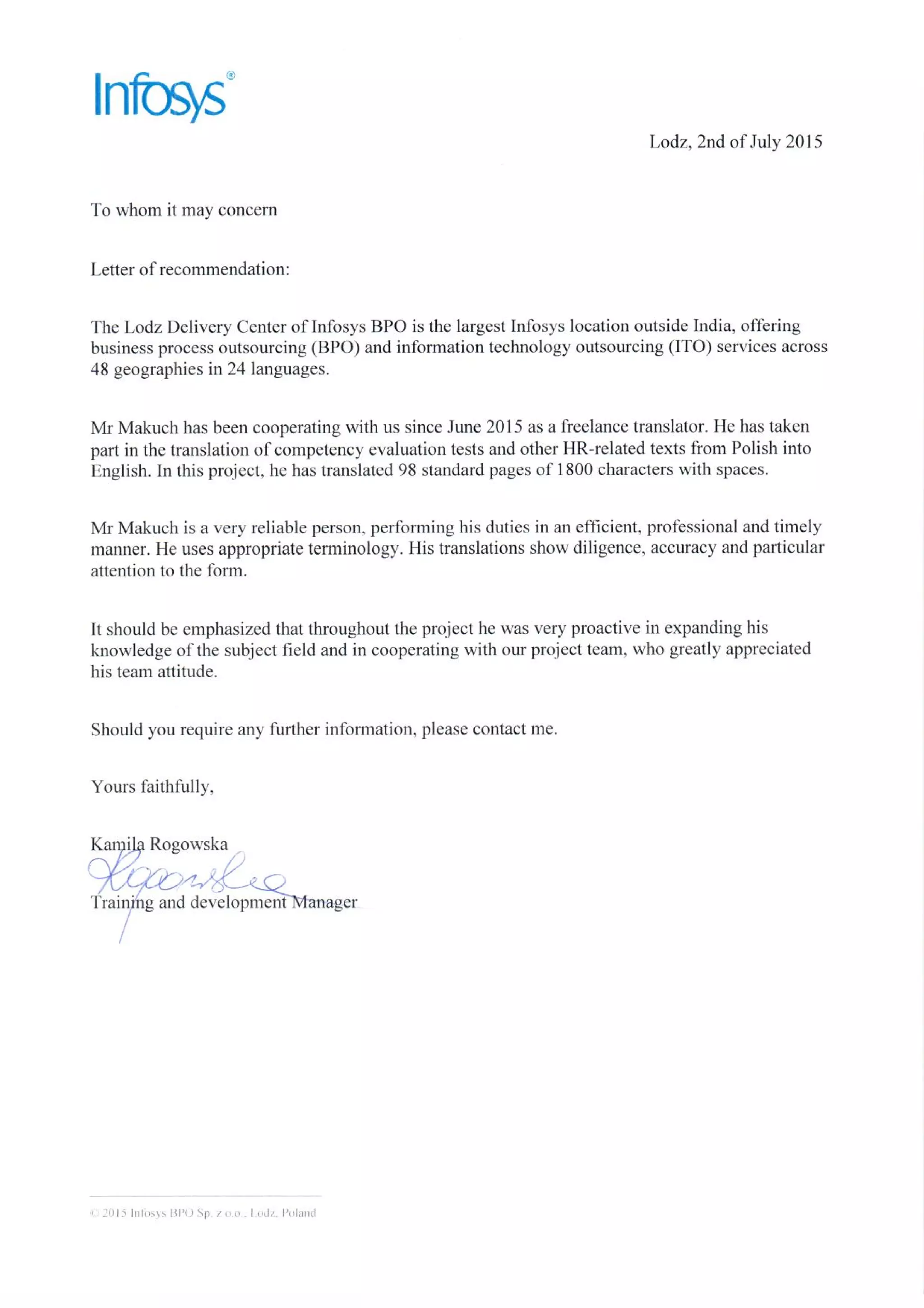 Infosys_letter of recommendation_Piotr Makuch_July 2015 | PDF
