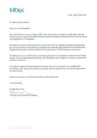 Infosys_letter of recommendation_Piotr Makuch_July 2015 | PDF