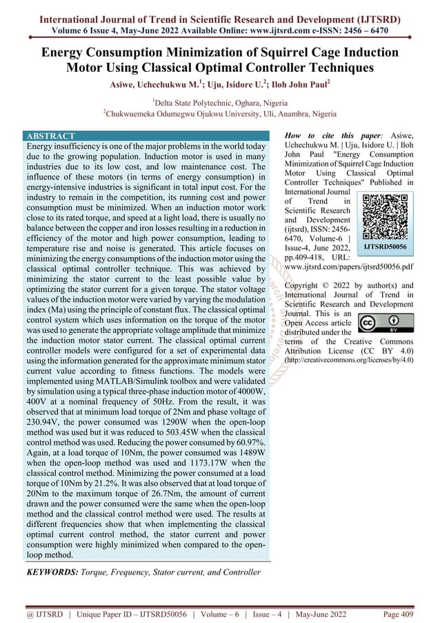Energy Consumption Minimization of Squirrel Cage Induction Motor Using Classical Optimal ...