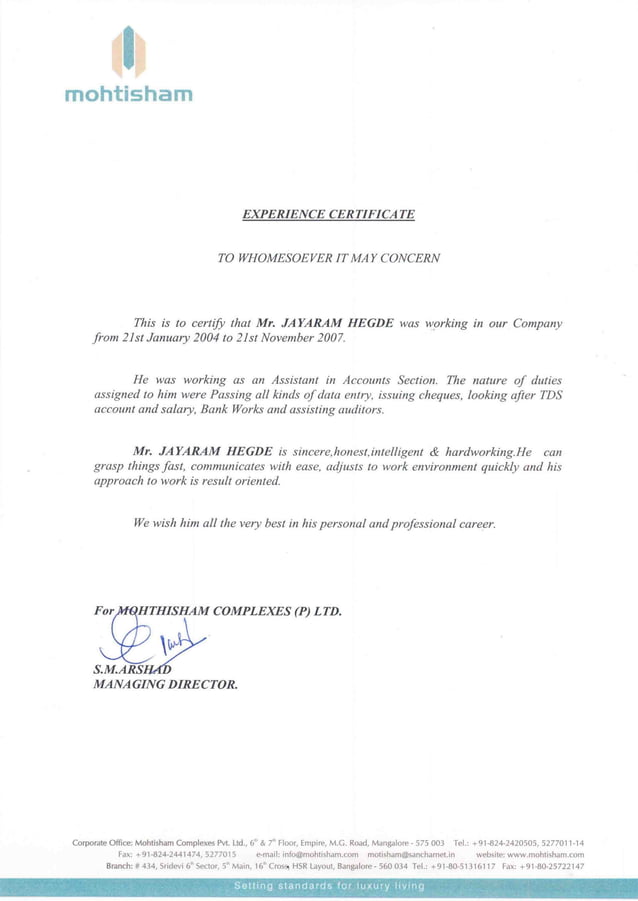 EXPERIENCE CERTIFICATE-MCPL | PDF