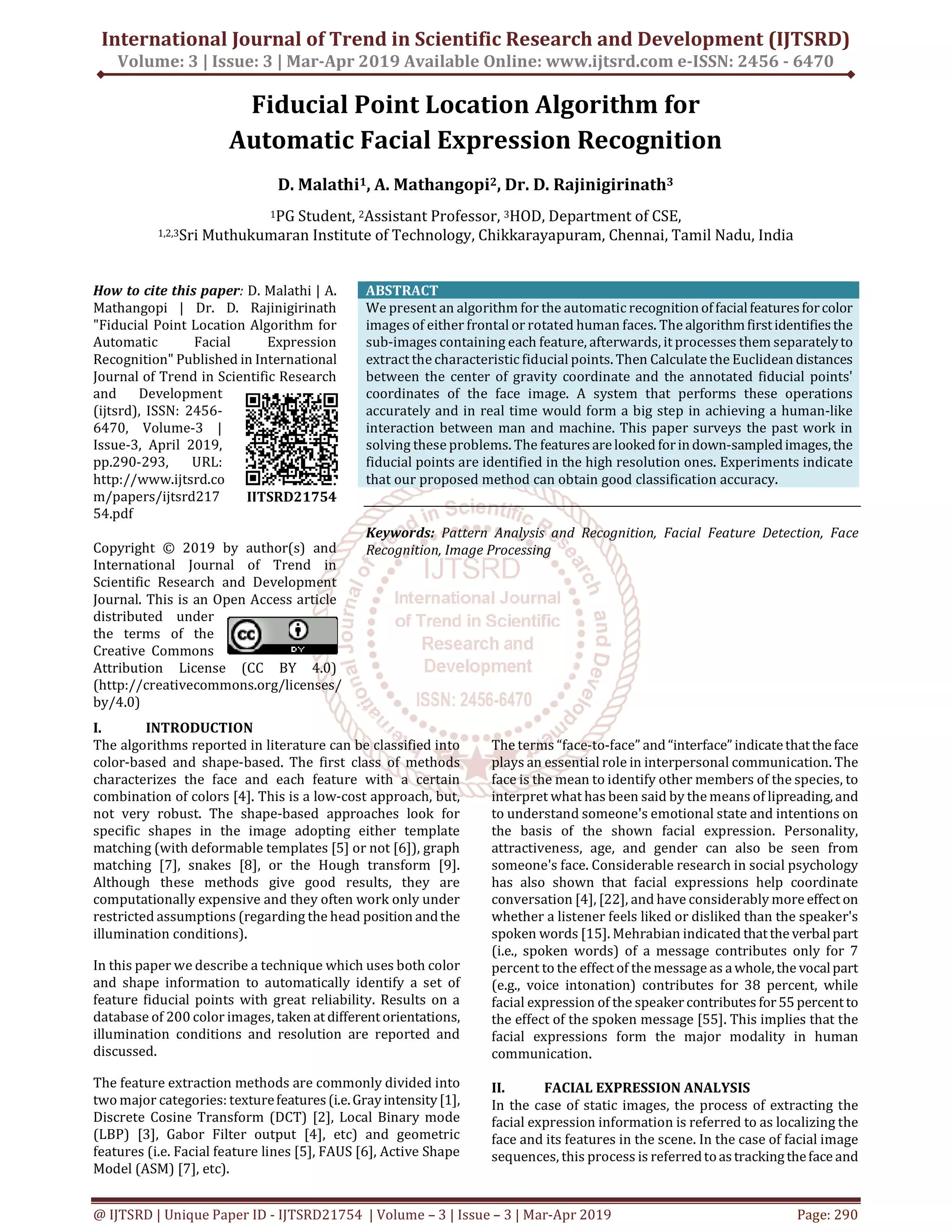 Fiducial Point Location Algorithm for Automatic Facial Expression Recognition | PDF