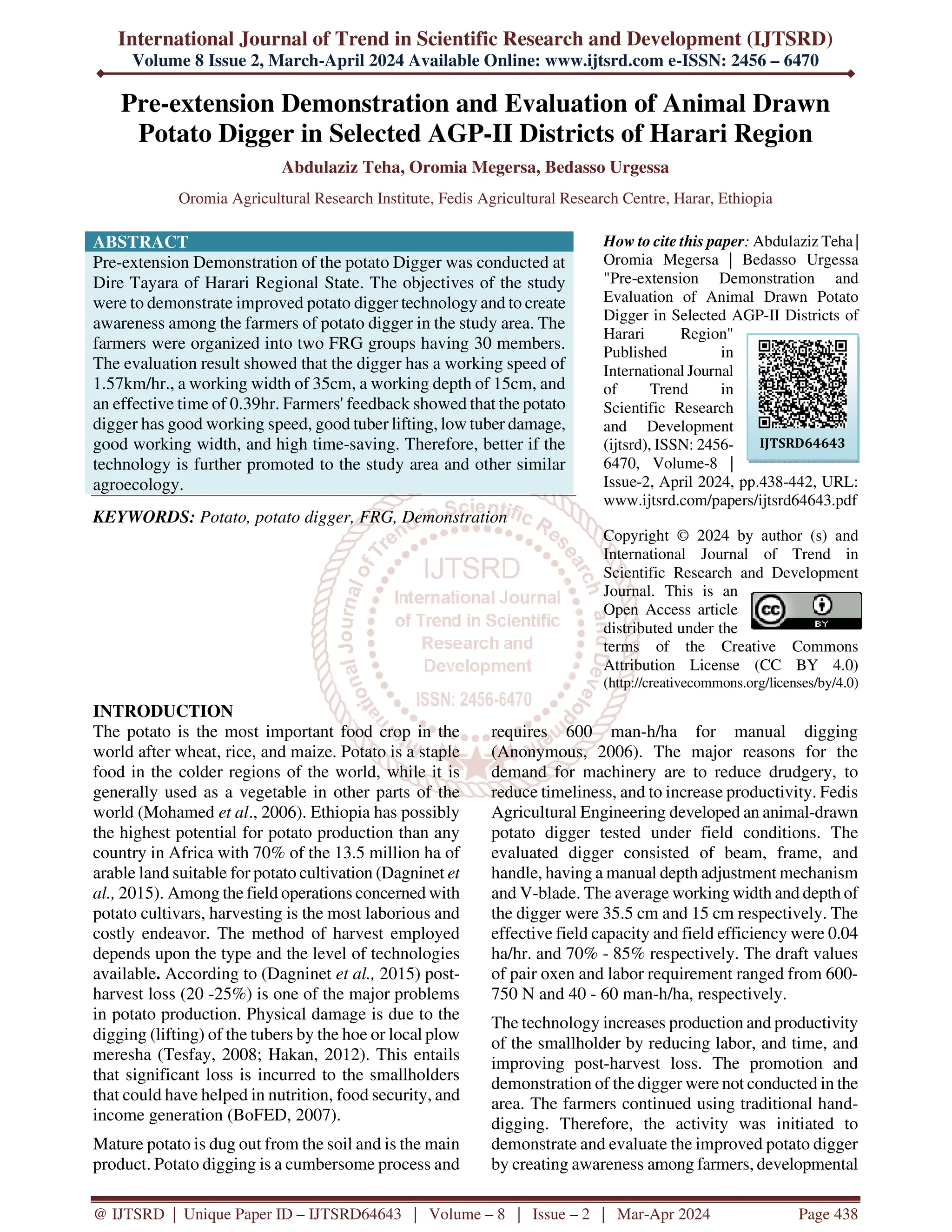 Pre extension Demonstration and Evaluation of Animal Drawn Potato ...