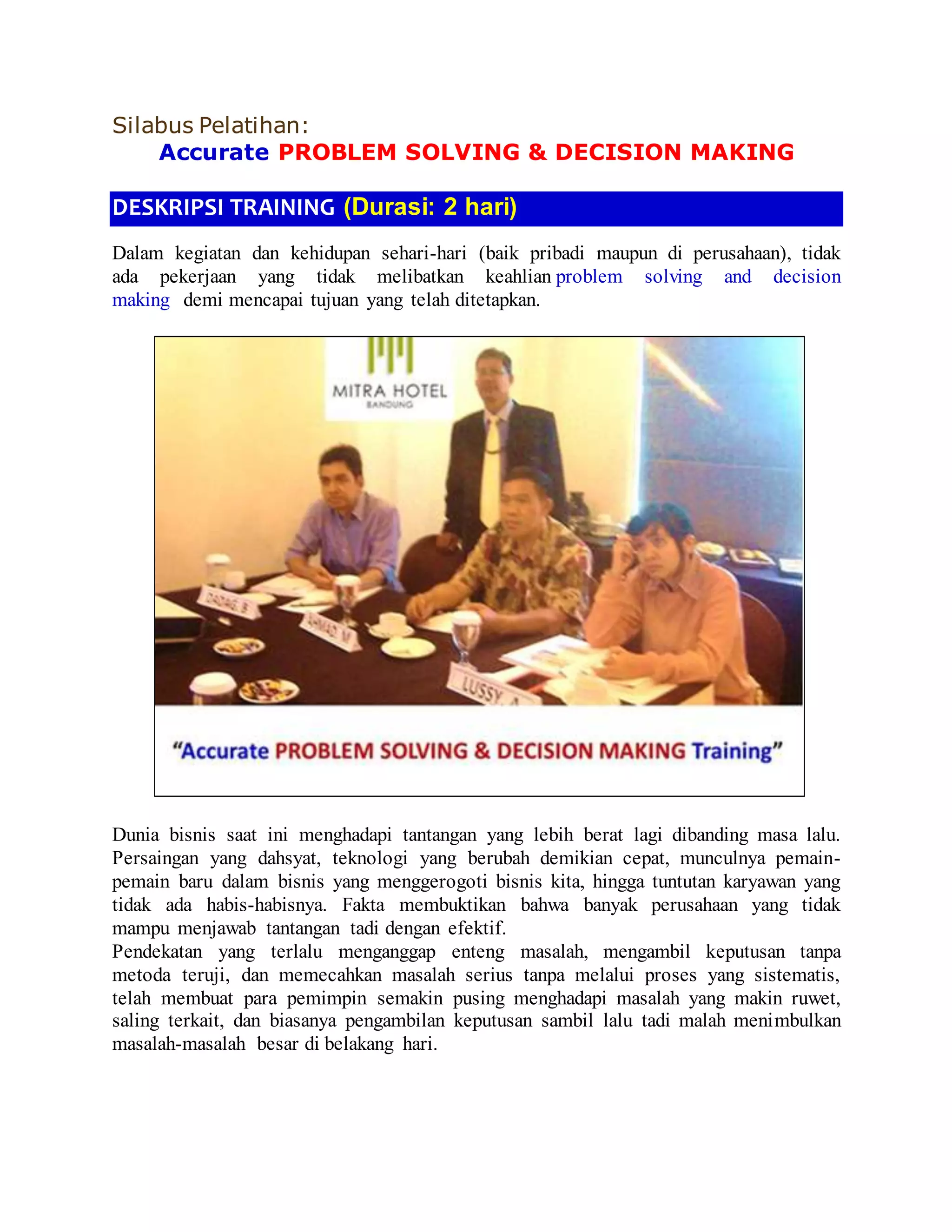 Silabus Pelatihan "Accurate PROBLEM SOLVING & DECISION MAKING" | DOCX