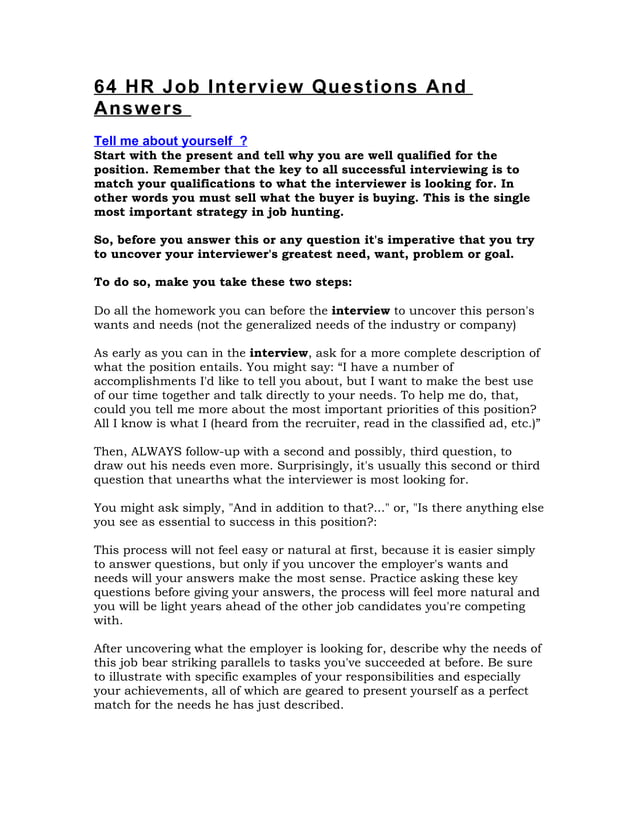 64 hr-job-interview-questions-and-answers | DOC