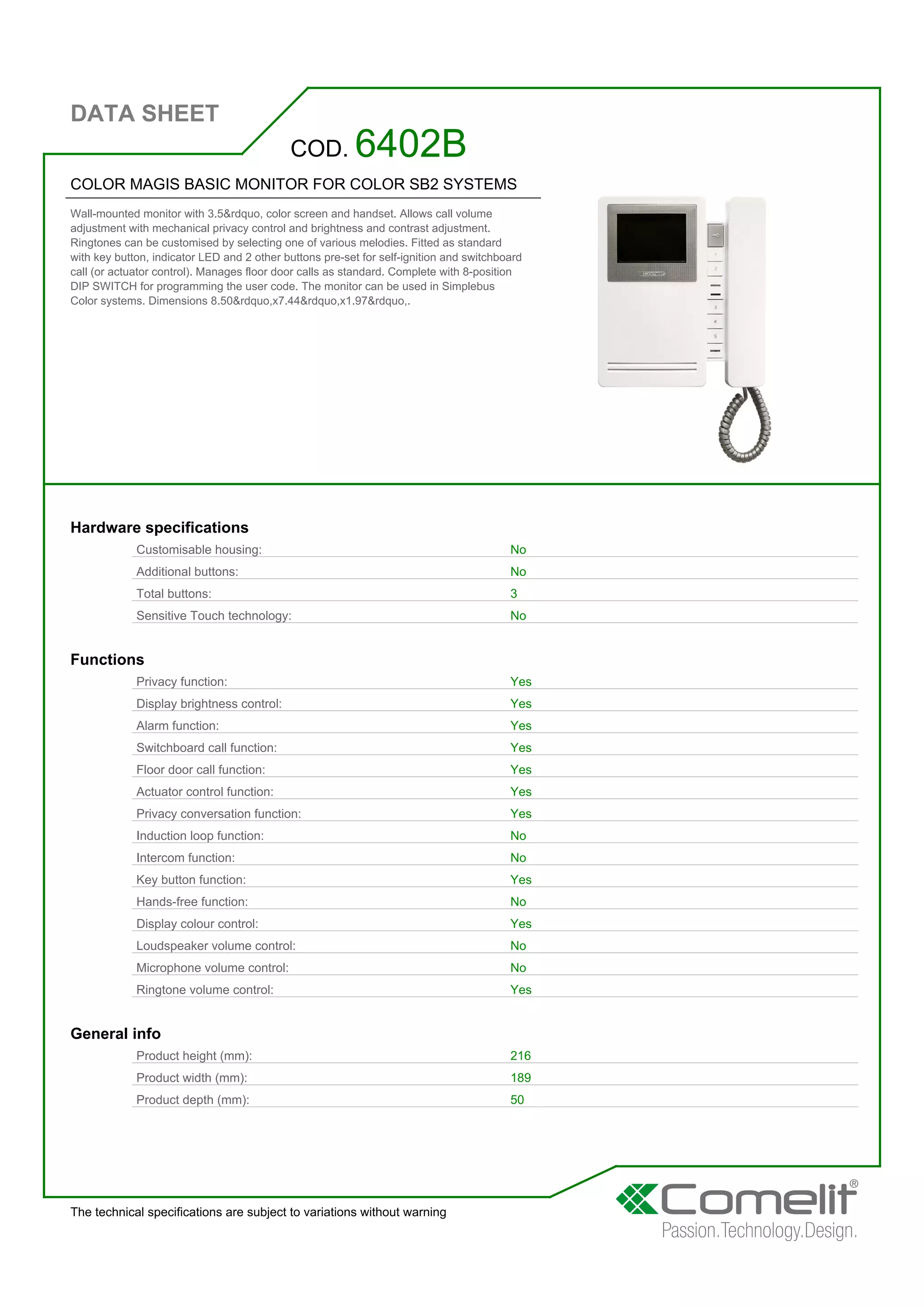 Comelit 6402B Data Sheet | PDF