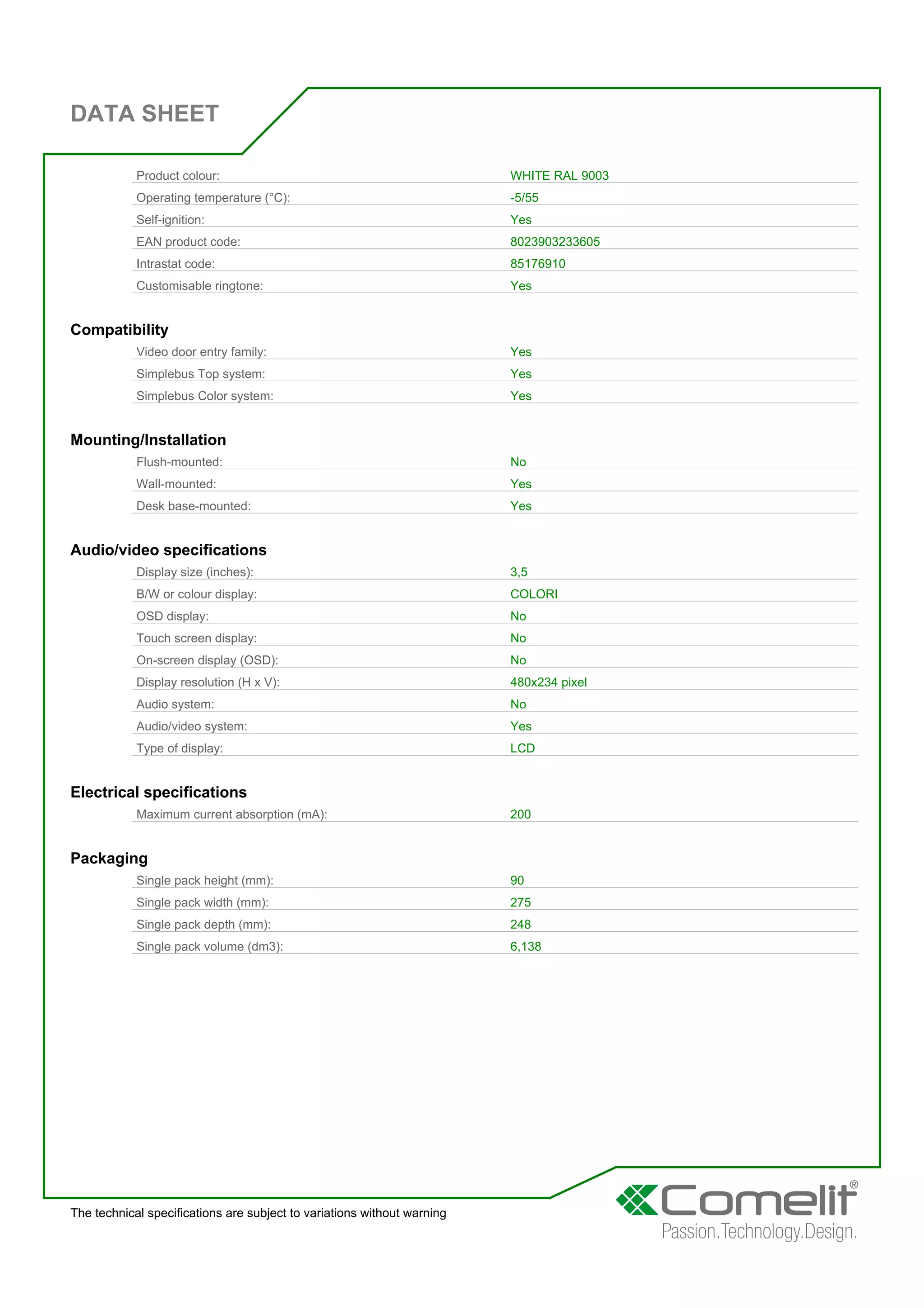 Comelit 6402B Data Sheet | PDF