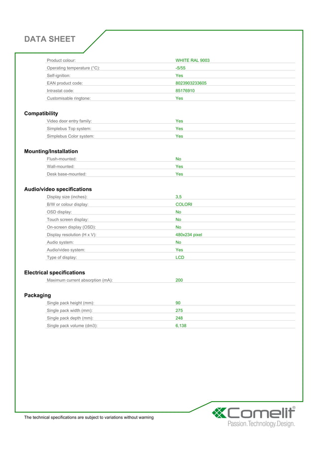 Comelit 6402B Data Sheet | PDF