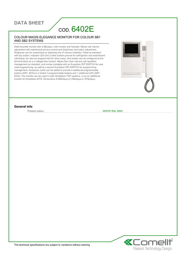Comelit 6402E Data Sheet | PDF