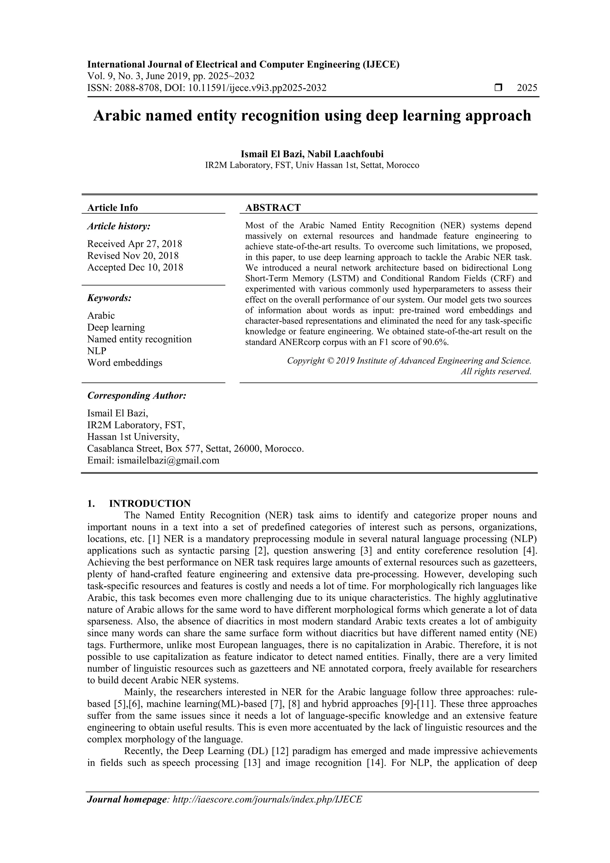 Arabic named entity recognition using deep learning approach | PDF