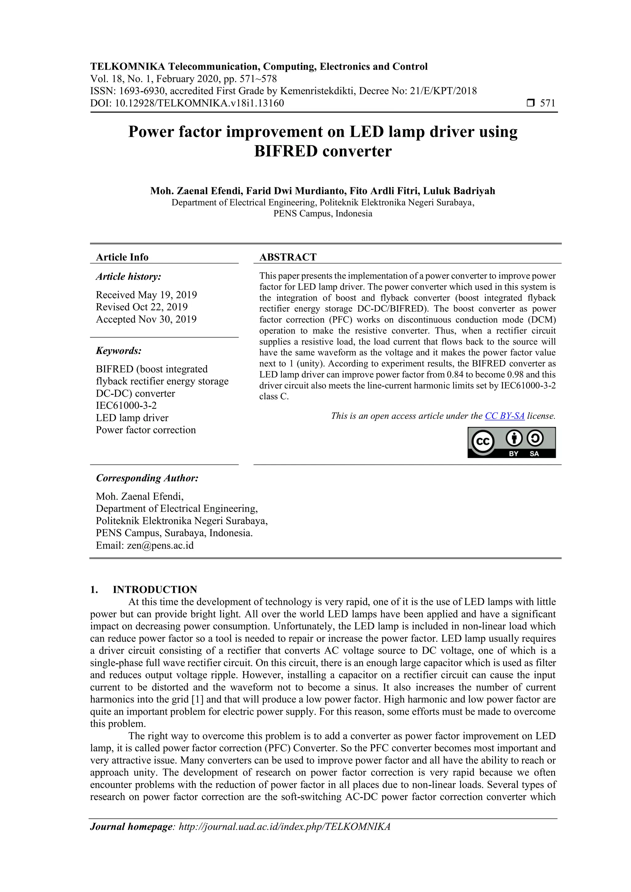 Power factor improvement on LED lamp driver using BIFRED converter | PDF