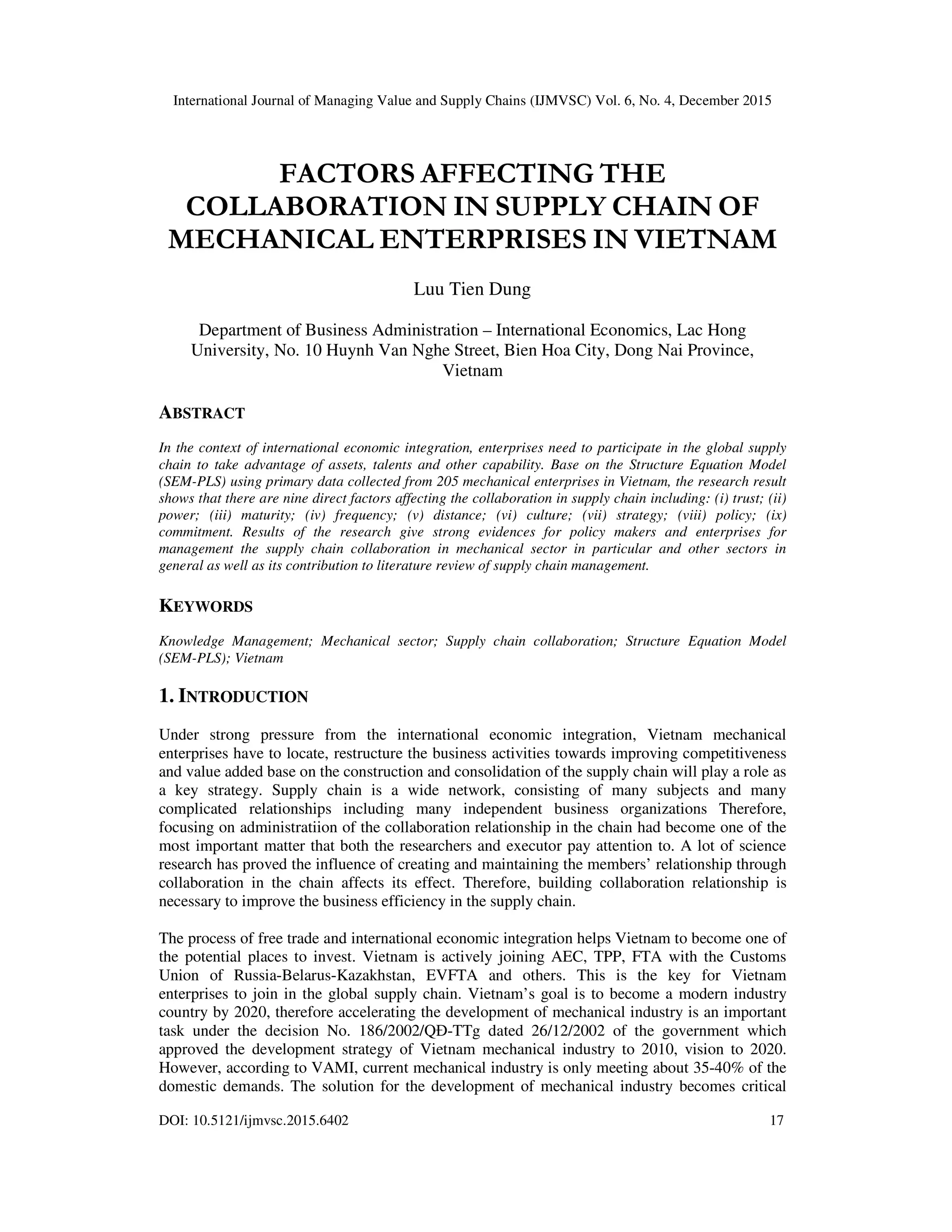 FACTORS AFFECTING THE COLLABORATION IN SUPPLY CHAIN OF MECHANICAL ...