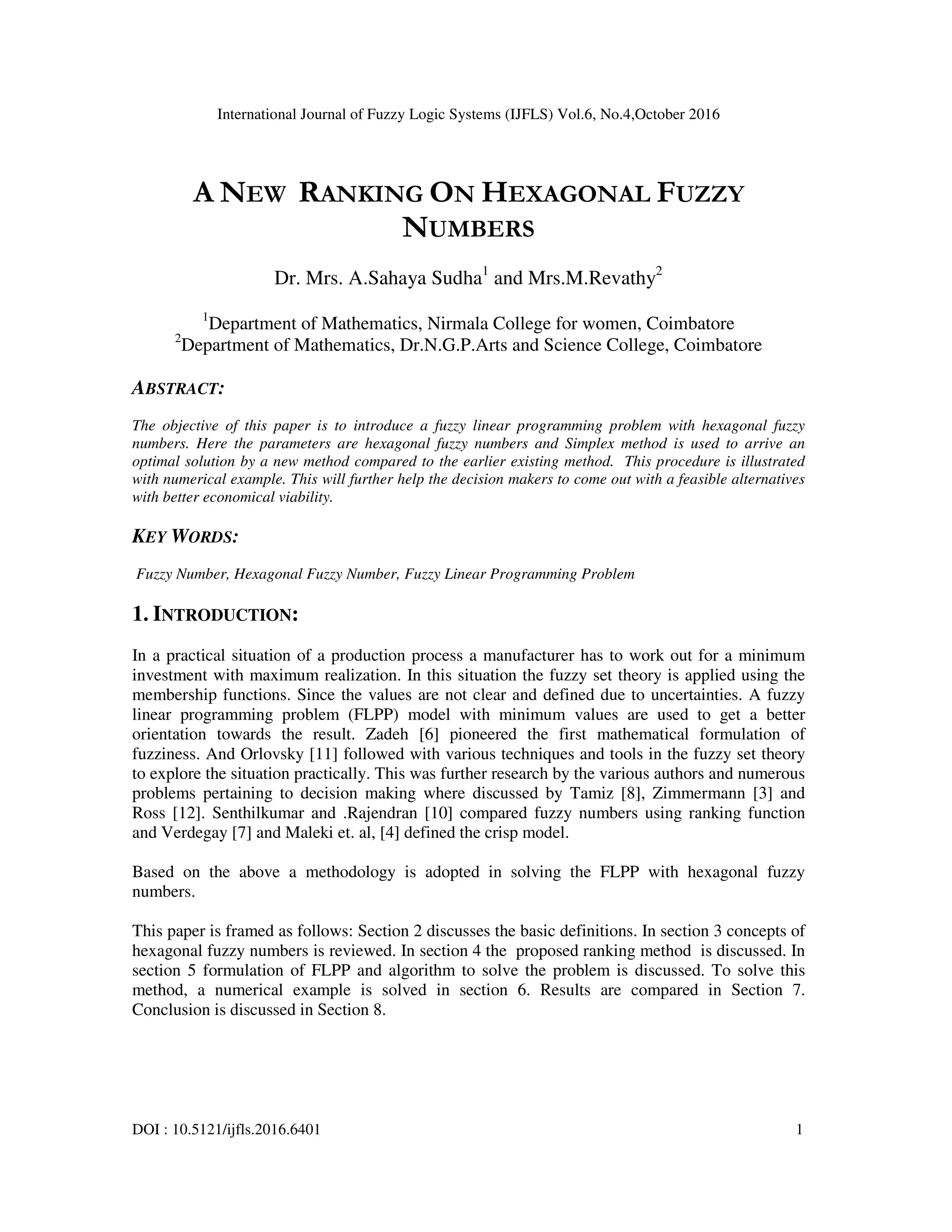 A NEW RANKING ON HEXAGONAL FUZZY NUMBER | PDF
