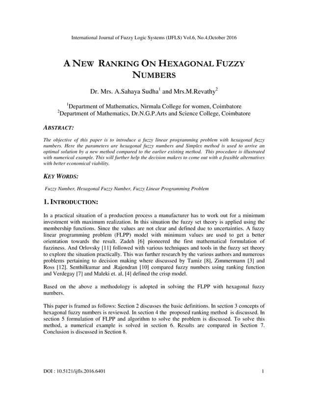 A NEW RANKING ON HEXAGONAL FUZZY NUMBER | PDF