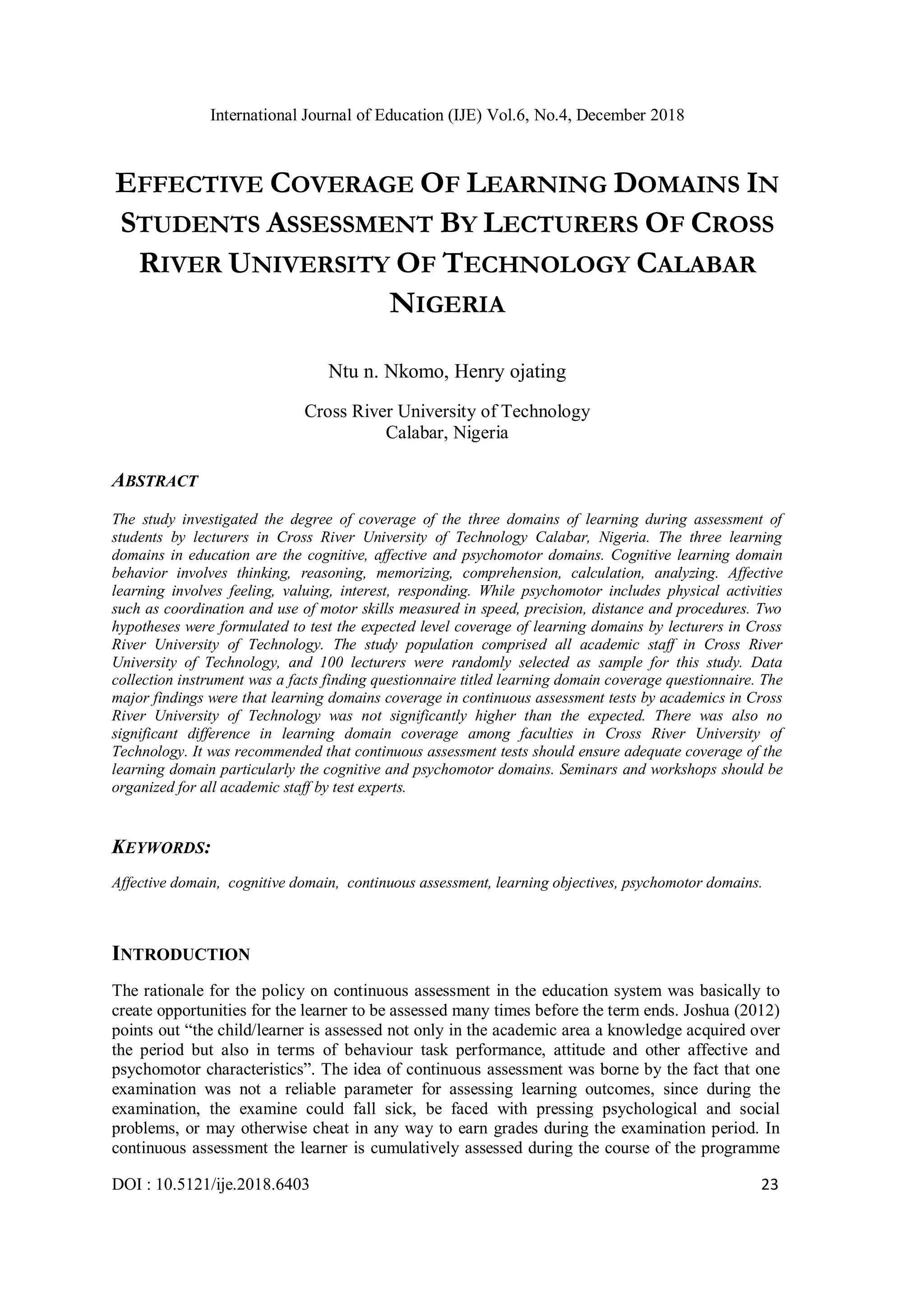EFFECTIVE COVERAGE OF LEARNING DOMAINS IN STUDENTS ASSESSMENT BY LECTURERS OF CROSS RIVER ...