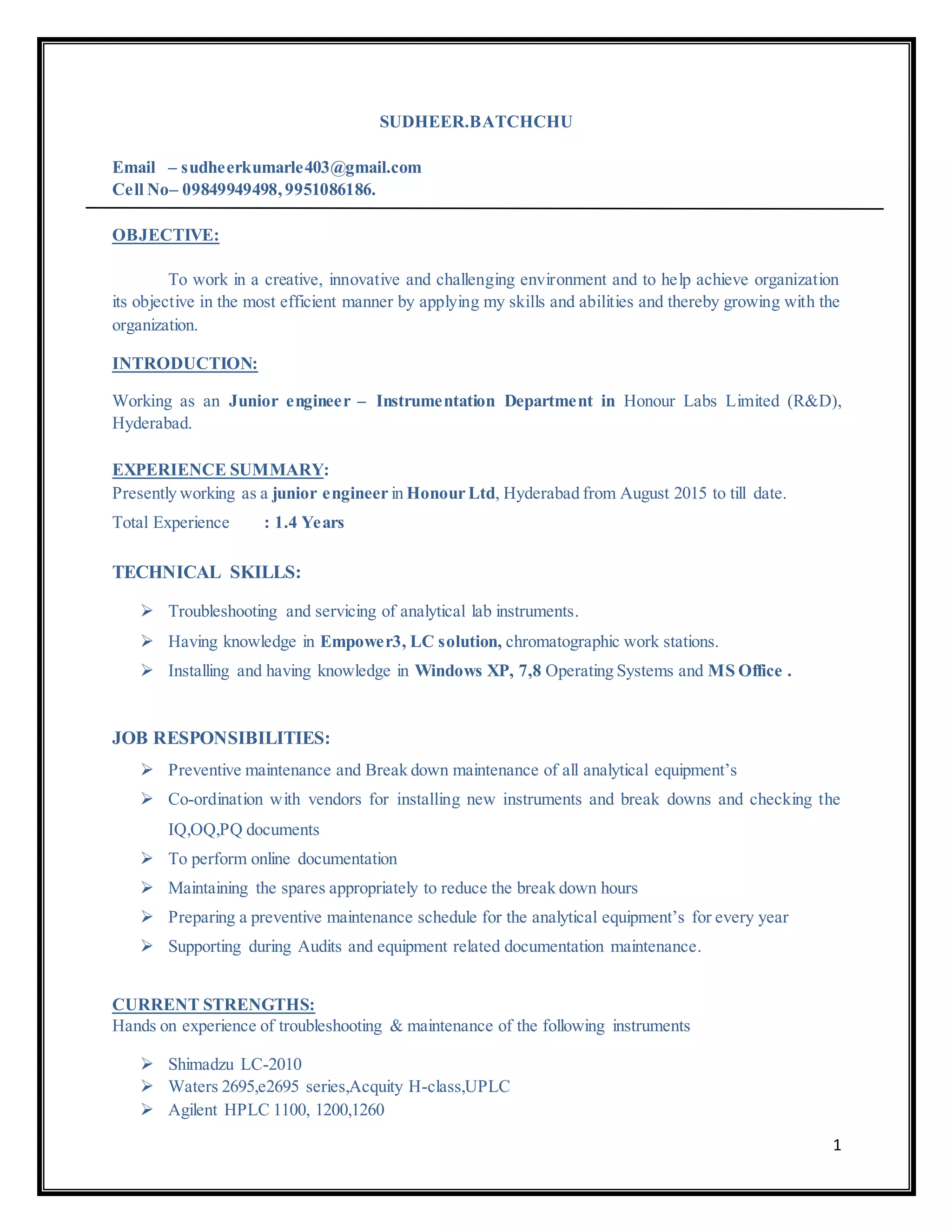 Sudheer instrumentation engineer Resume | DOCX